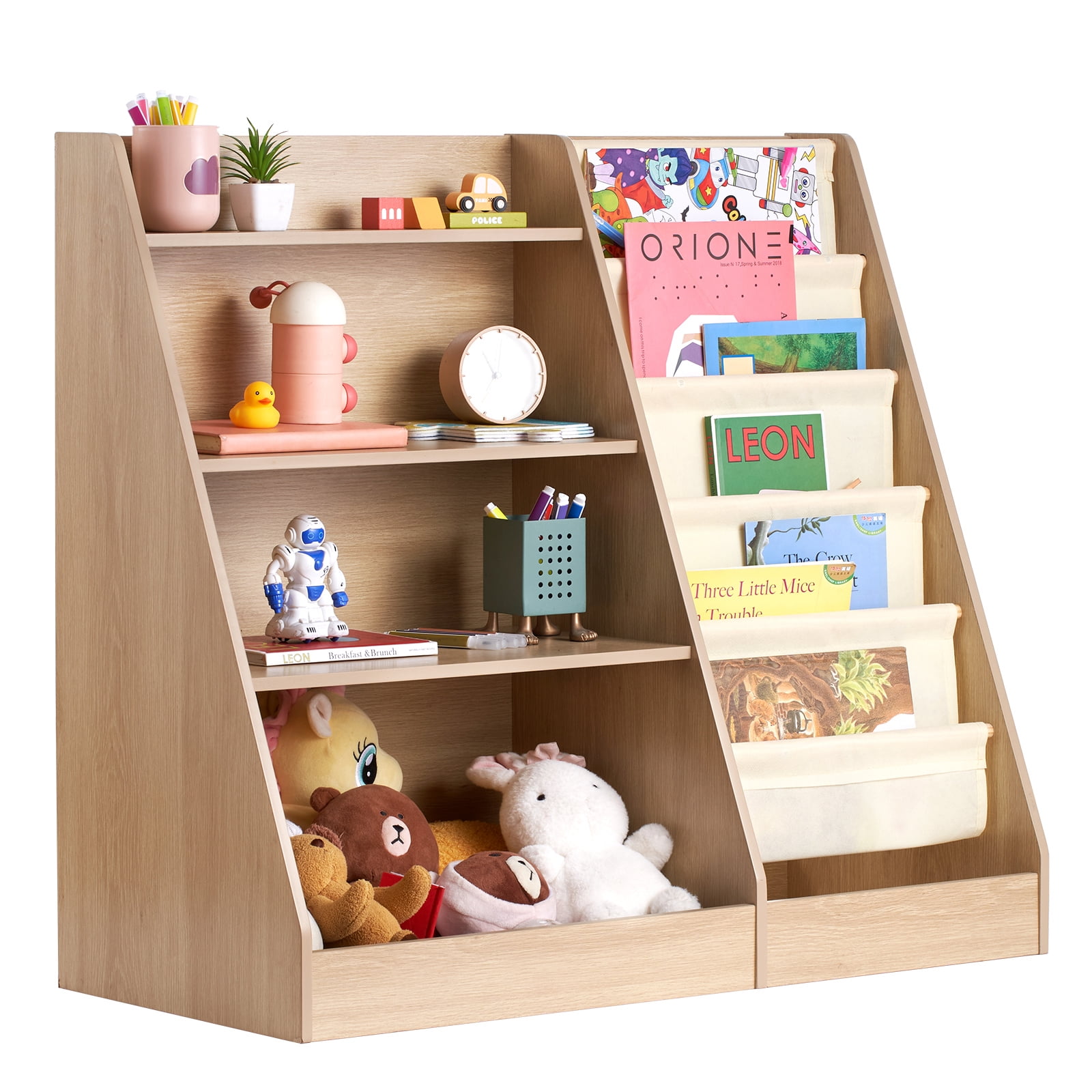 KFFKFF 4-Tier children's Wooden Bookshelf Six-Tier Sling Bookcase for ...