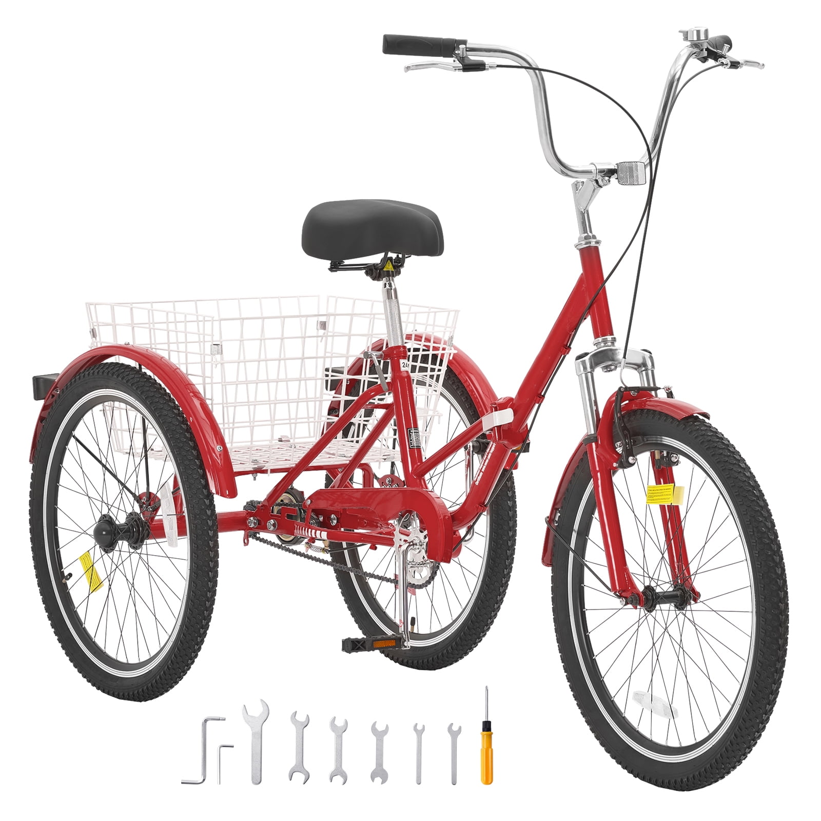 SKYSHALO Folding Adult Tricycle 24 Inch 3-Wheel Carbon Steel Red with ...