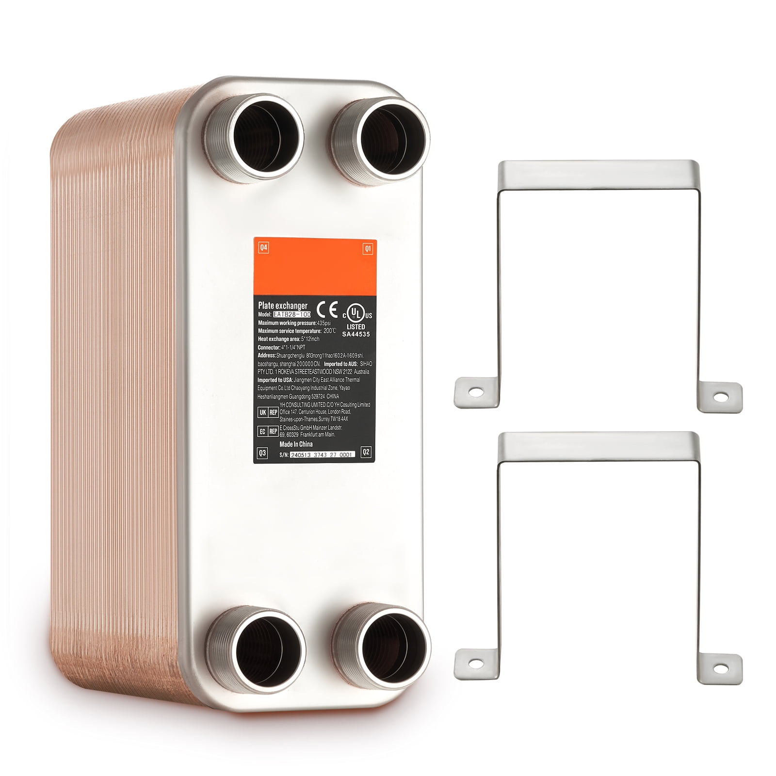 KFFKFF Heat Exchanger, 5" x 12", 80 Plates, Copper/316L Stainless Steel ...