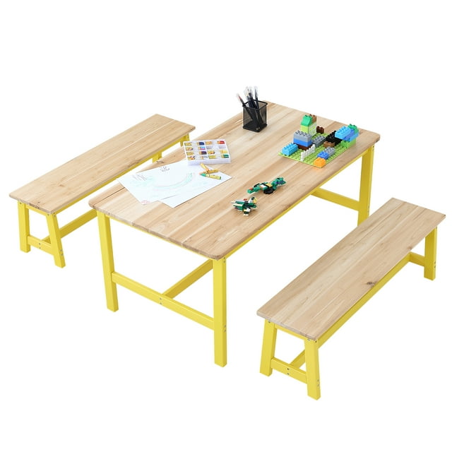 SKYSHALO Kids Wooden Table and Bench Set, Natural Wood Kiddie Activity ...