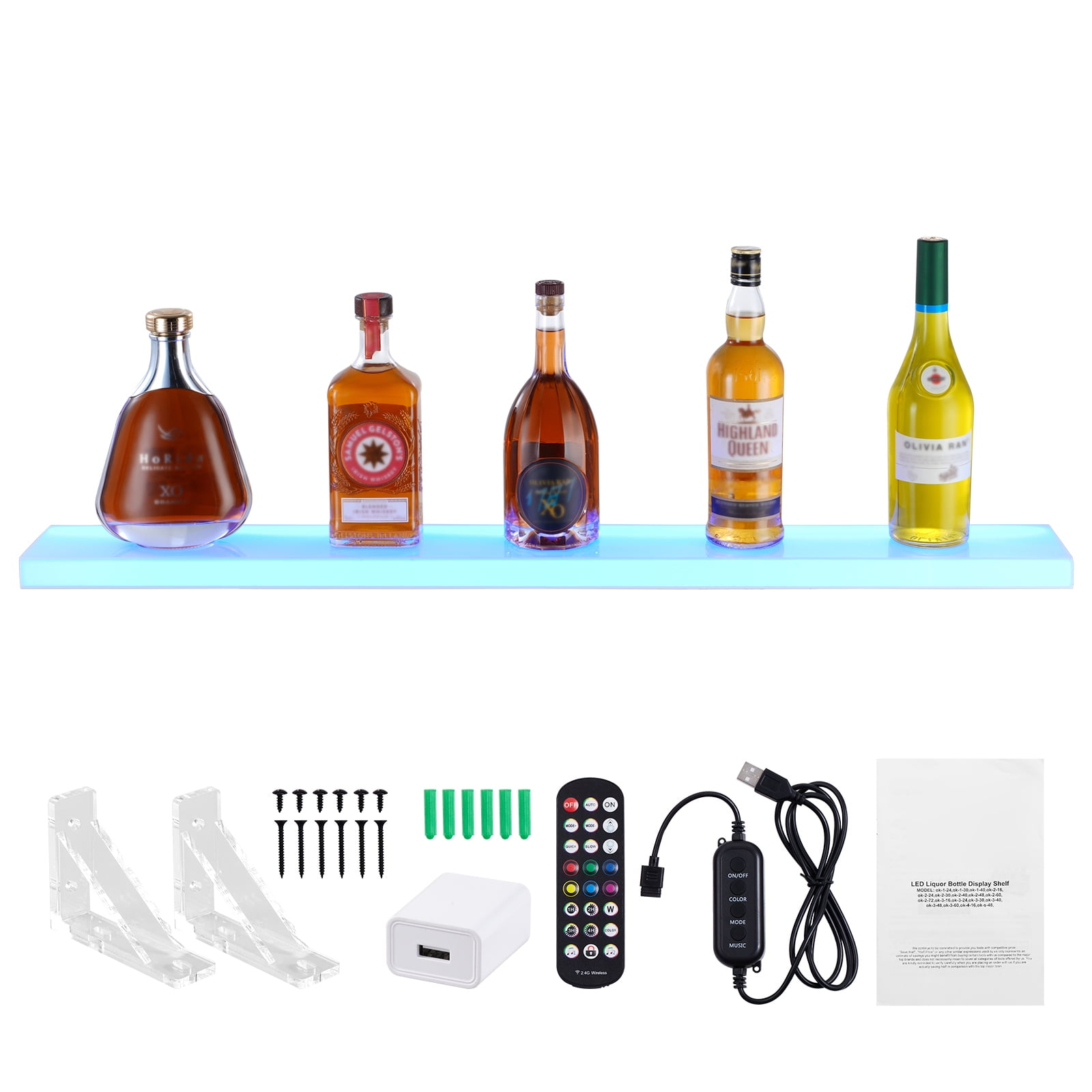 KFFKFF LED Illuminated Bar Shelf, 40" Wall Mount Single Tier Spirits ...