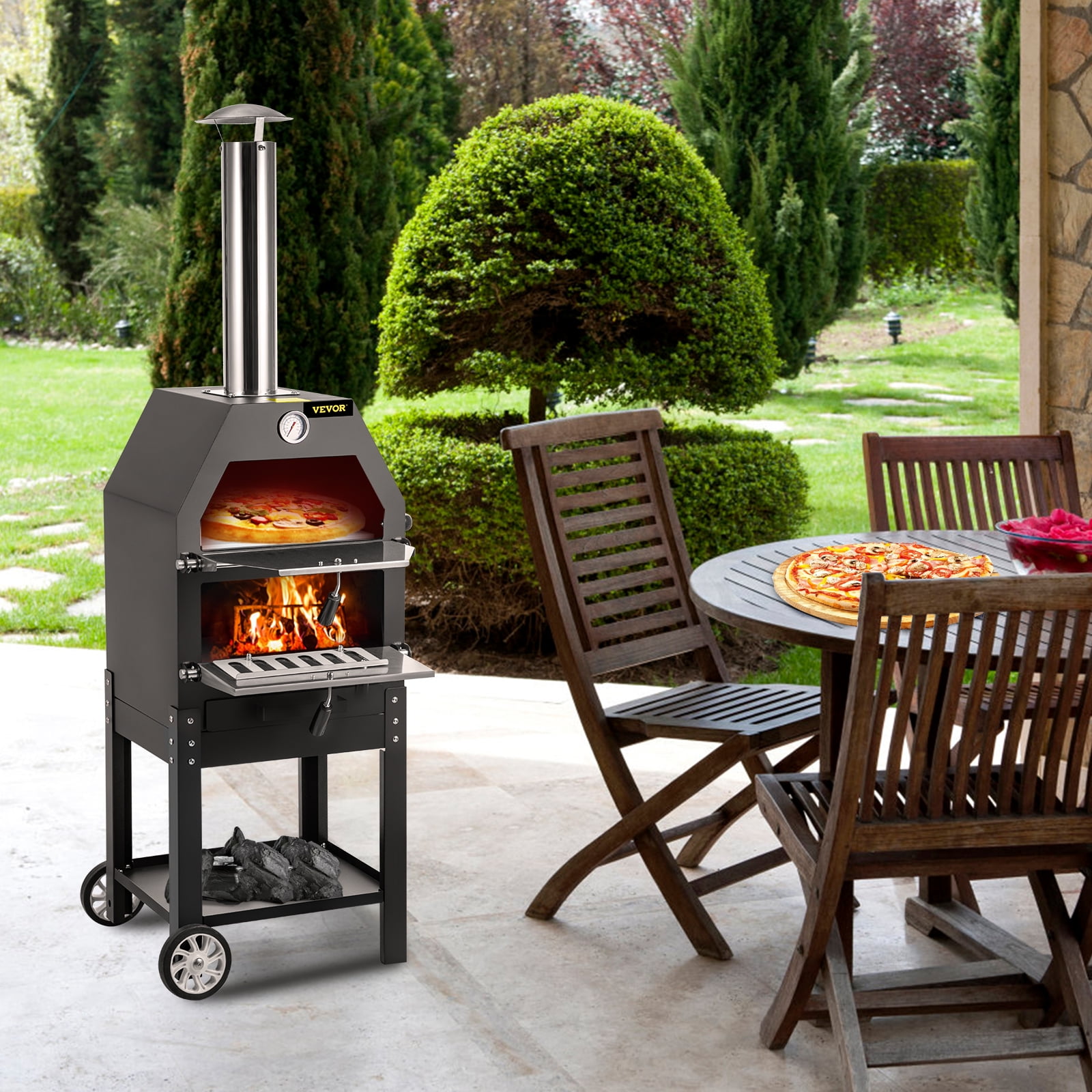KFFKFF Outdoor Pizza Oven, 12" Wood Fire Oven, 2-Layer Pizza Oven Wood Fired, Wood Burning ...
