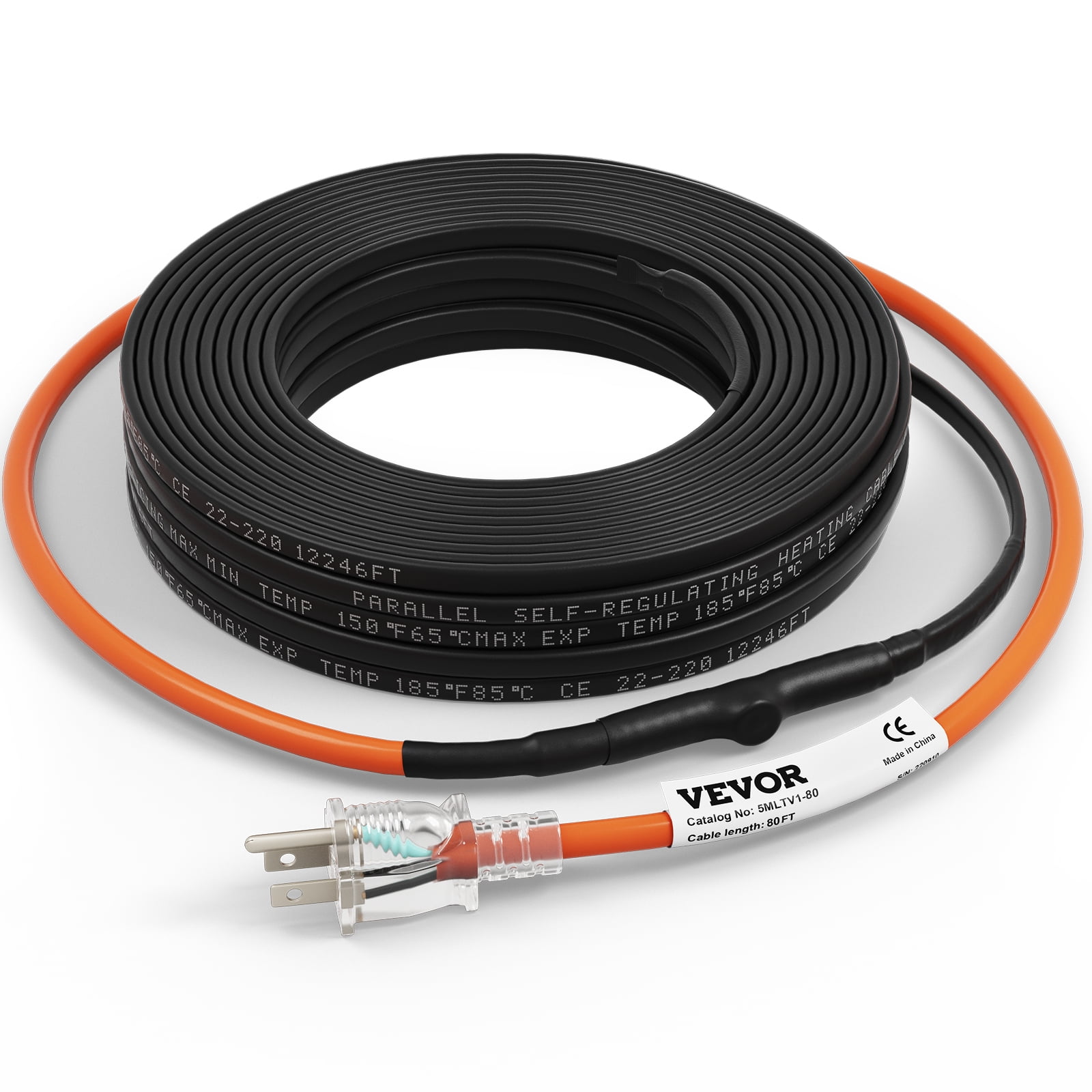 VEVOR 80ft Self-Regulating Pipe Heating Cable, 5W/ft, Freeze Protection ...