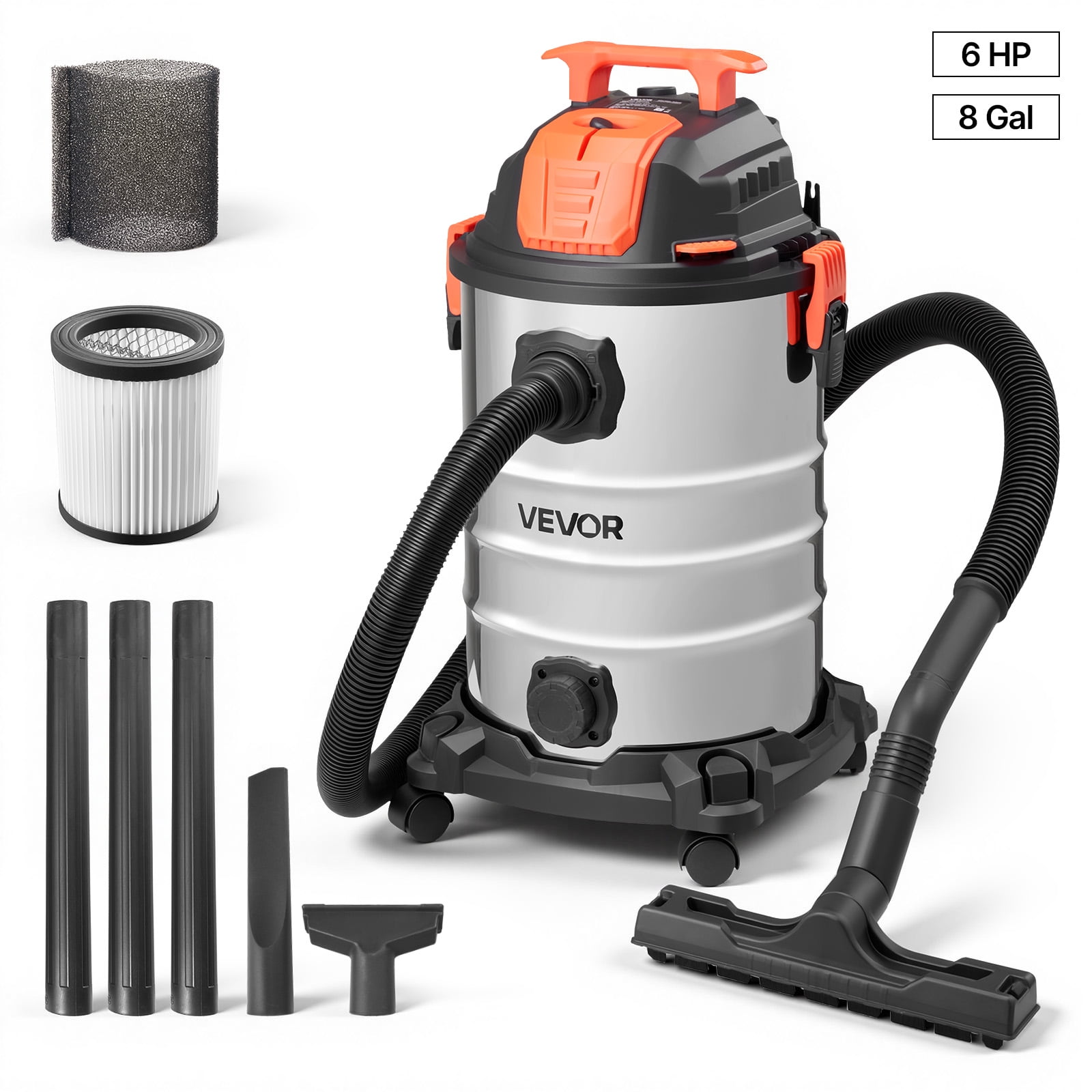 KFFKFF Stainless Steel 8-Gallon Wet Dry Vacuum Cleaner, 6 Peak HP with ...