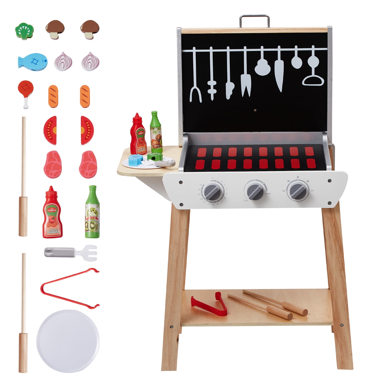 SKYSHALO Wooden BBQ Playset, Children's Toy Grill with Accessories and ...