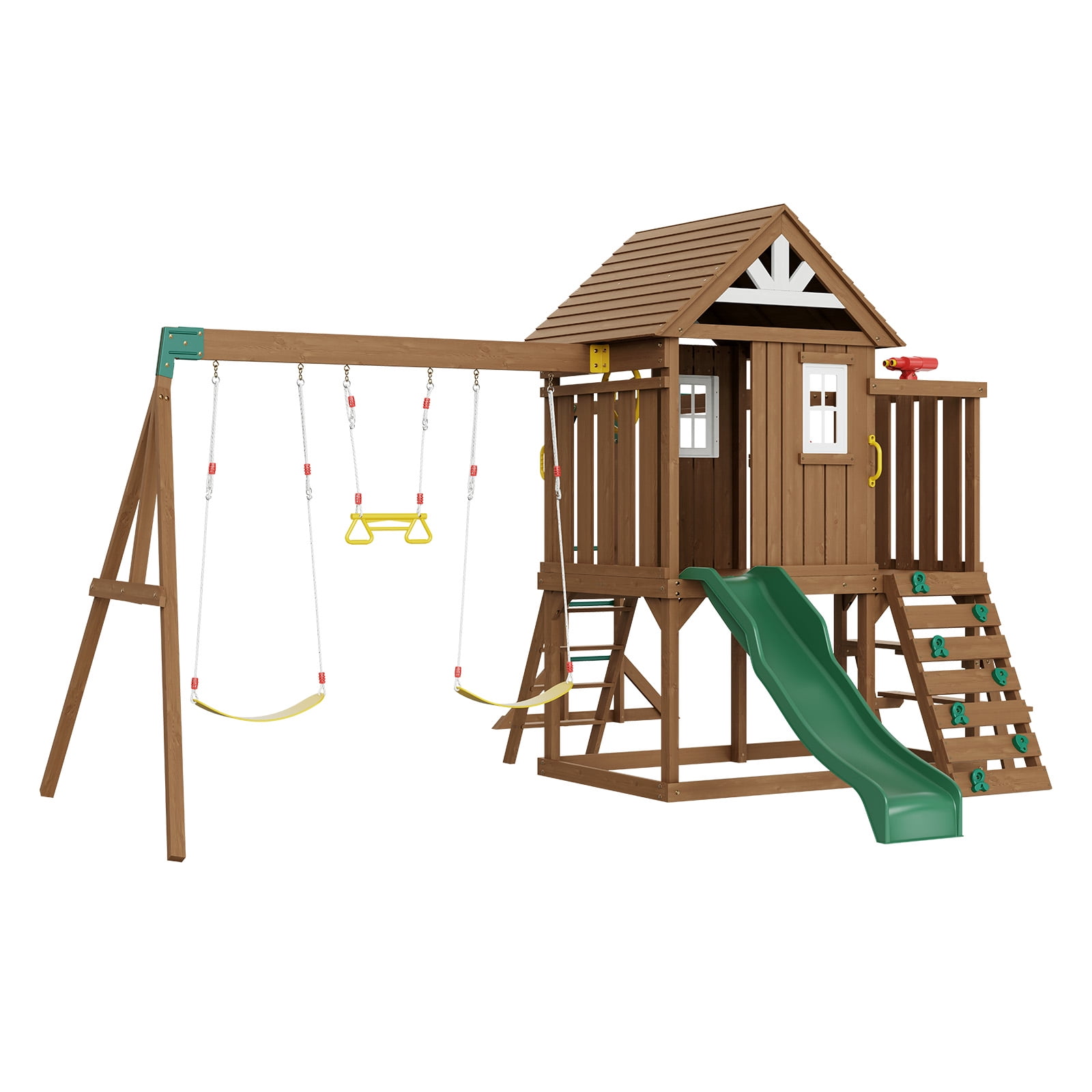 KFFKFF Wooden Swing Set, 10 Features Including 2 Swings, Trapeze, 6FT ...