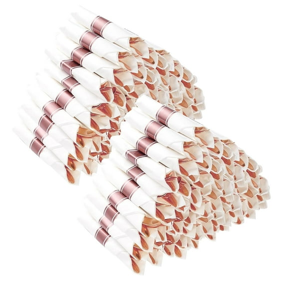 SKYSONIC 100 Pack Pre Rolled Rose Plastic Silverware, Wrapped Cutlery ...