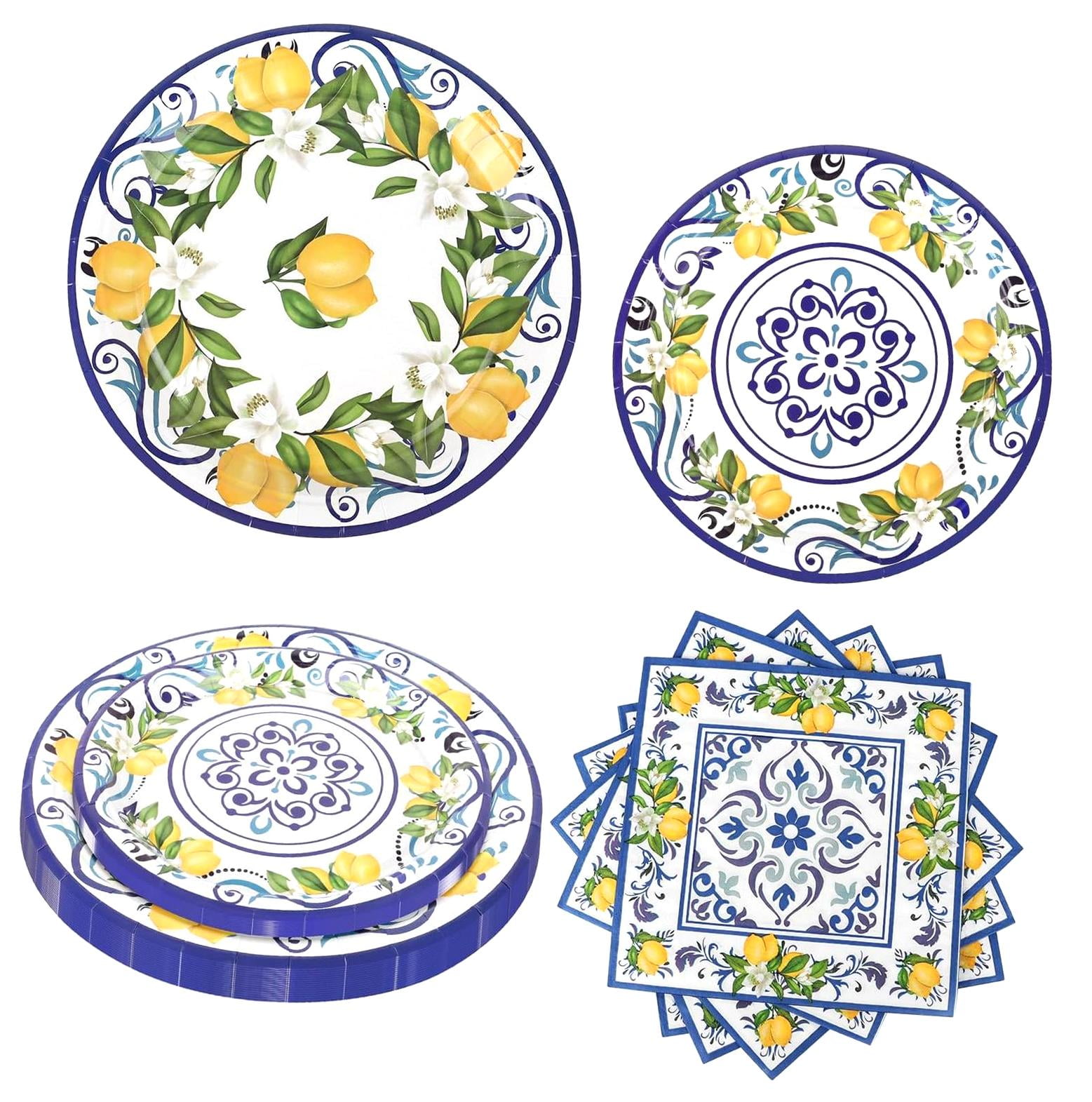 SKYSONIC 108 PCS Capri Lemon Party Plates and Napkins Blue Tiles ...