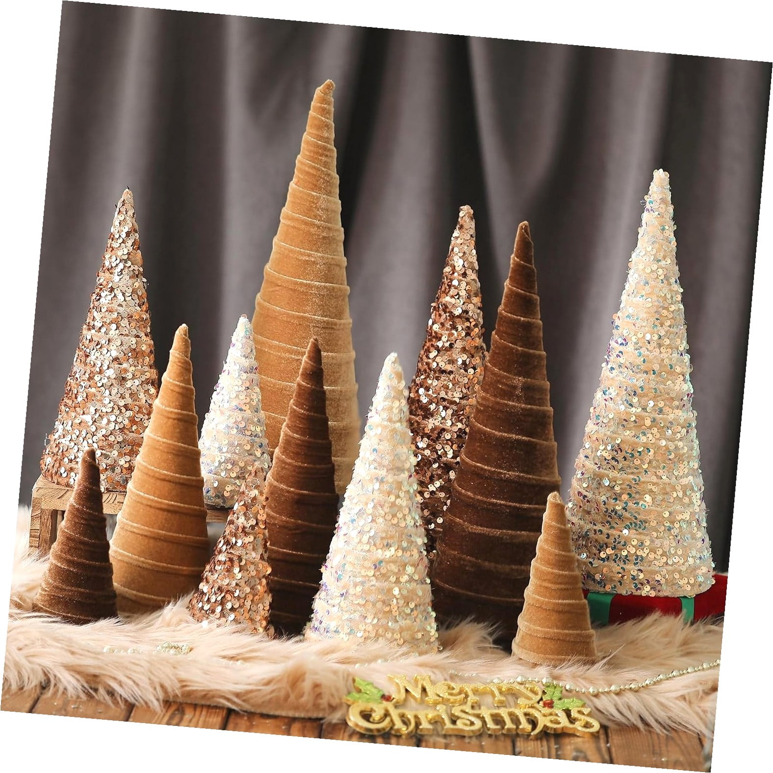 SKYSONIC 12 Pieces Christmas Velvet Trees Various Sizes Velvet Cone ...
