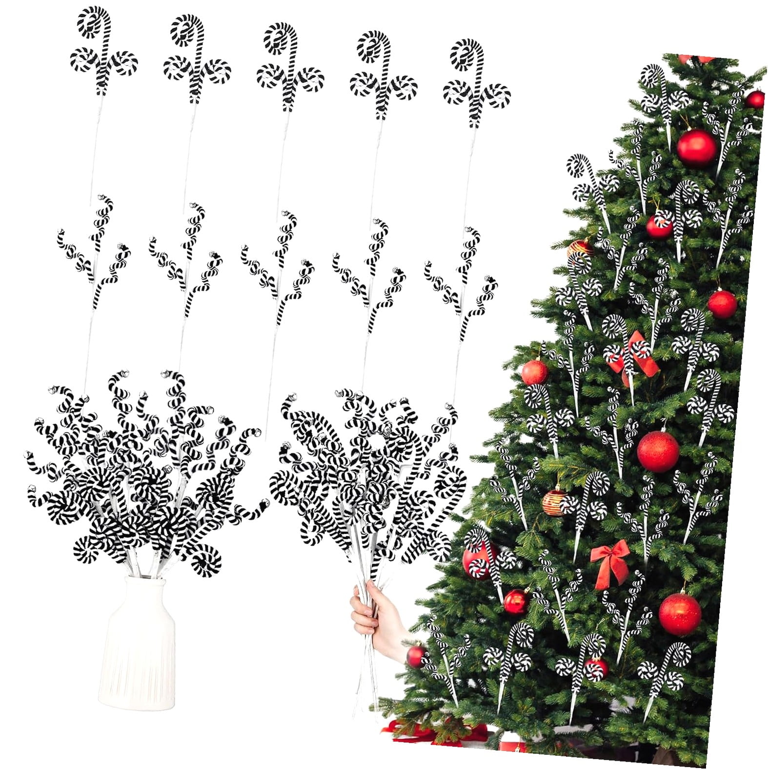 SKYSONIC 15 Pcs Red and White Christmas Tree Picks Decorations Curly ...