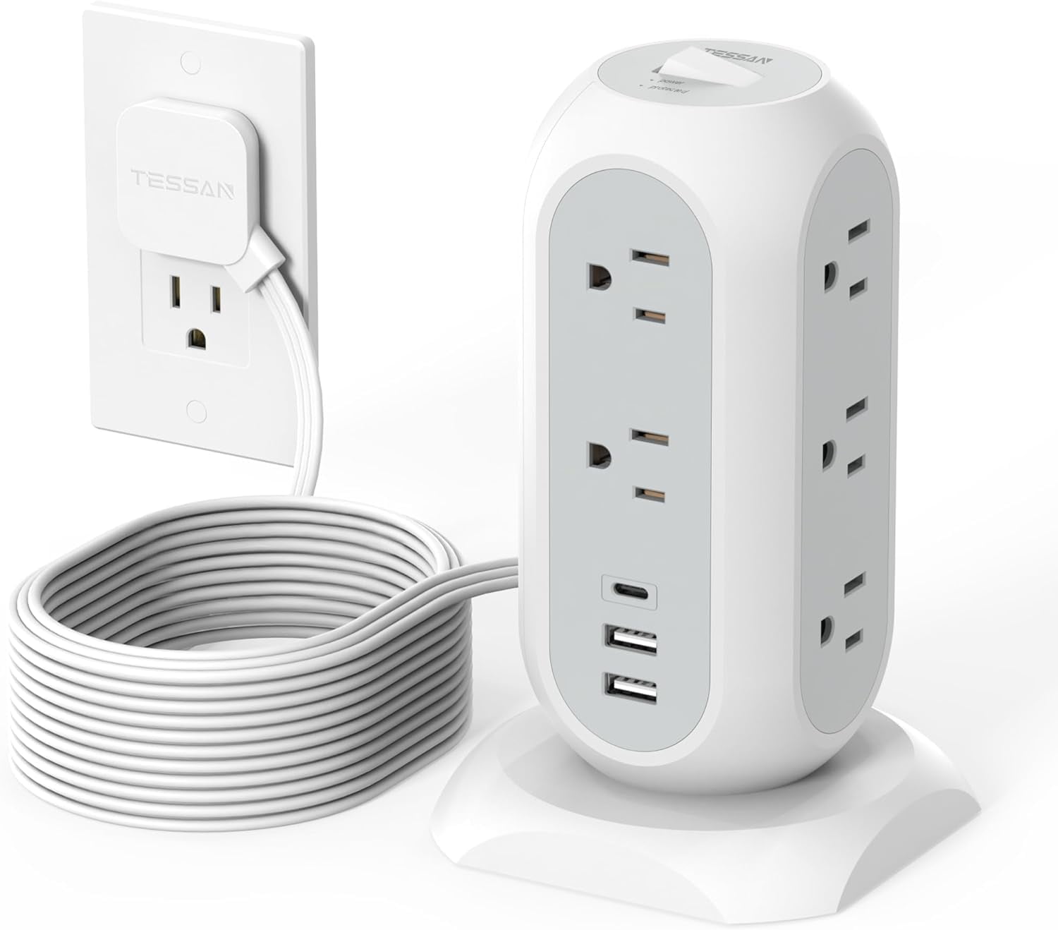 SKYSONIC 15 ft Extension Cord Tower Power Strip, 11 Outlets 3 USB(1 USB-C) Chargers, Surge ...
