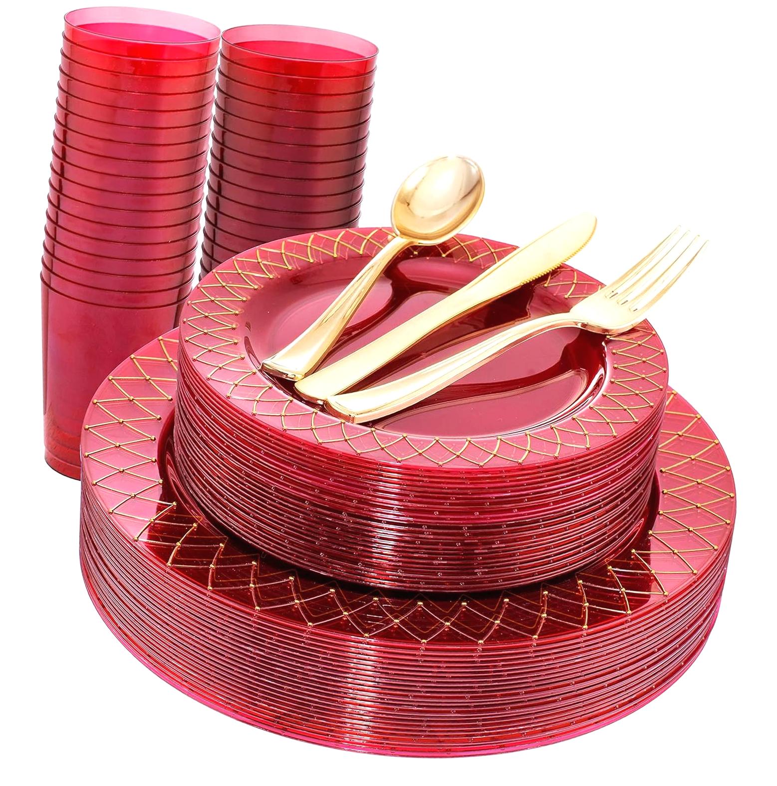 SKYSONIC 150-Piece Clear Red Plastic Plate Set with Rim - Includes 50 ...