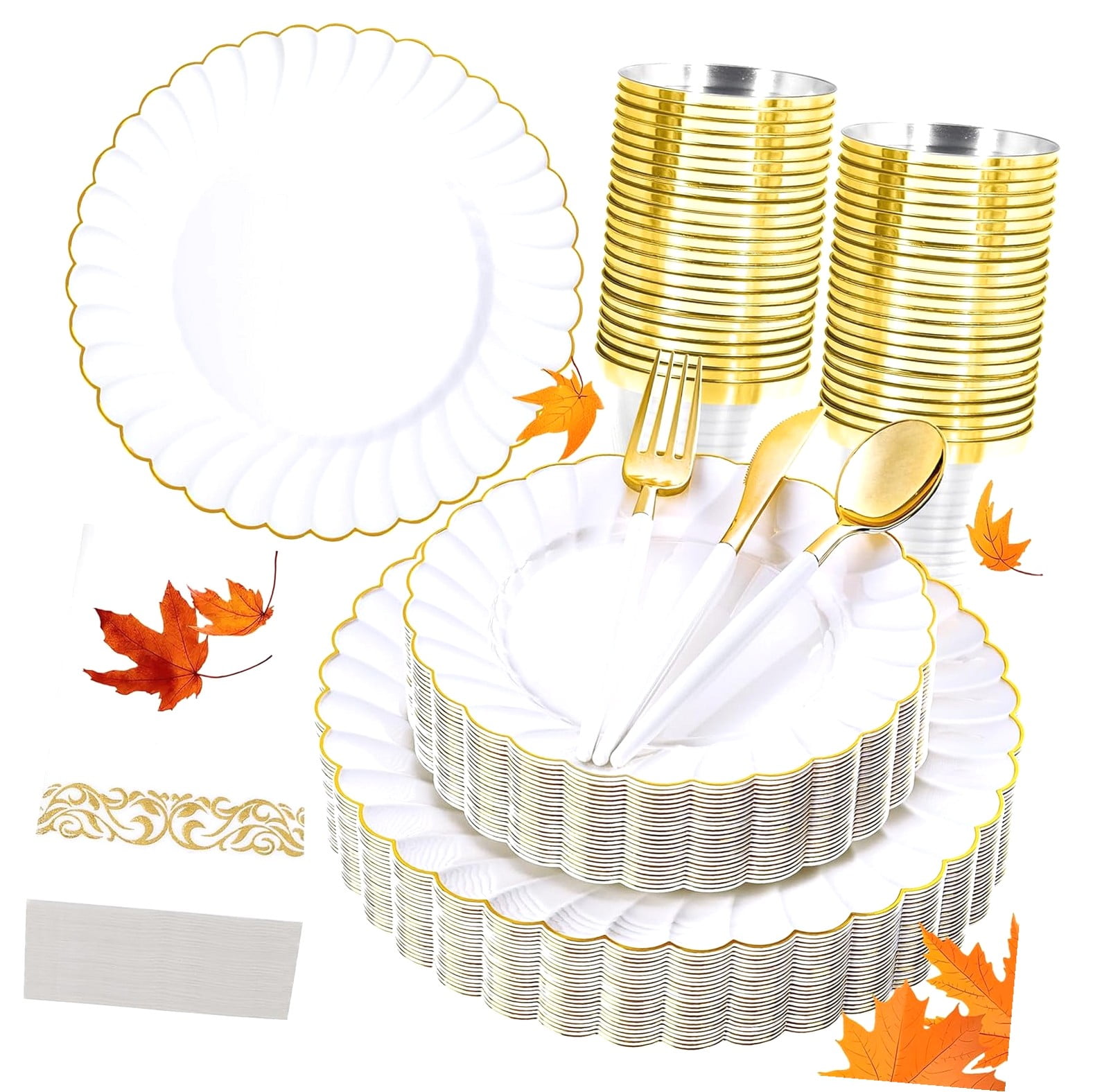 SKYSONIC 175 PCS White Scalloped Plastic Plates with Plastic Silverware ...