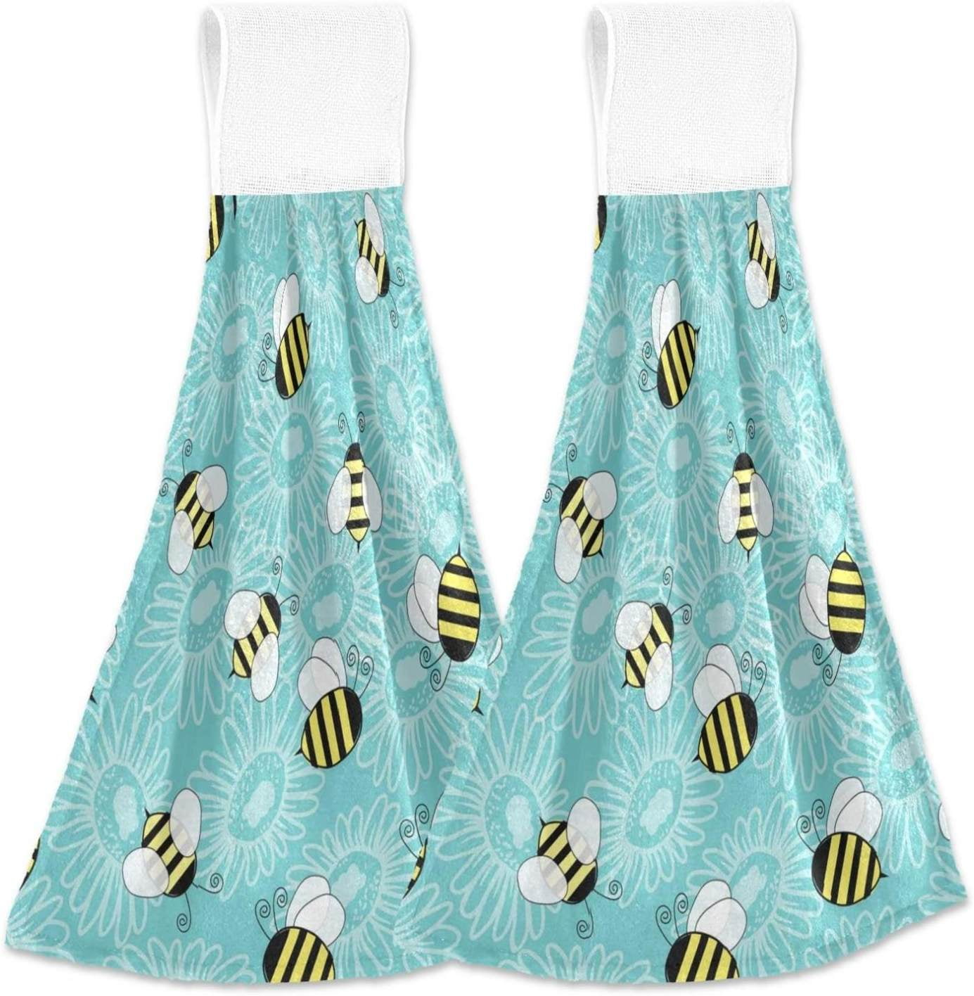 SKYSONIC 2 PCS 12"x17" Hand Towels for Kitchen Honey Bees Cian Flowers ...