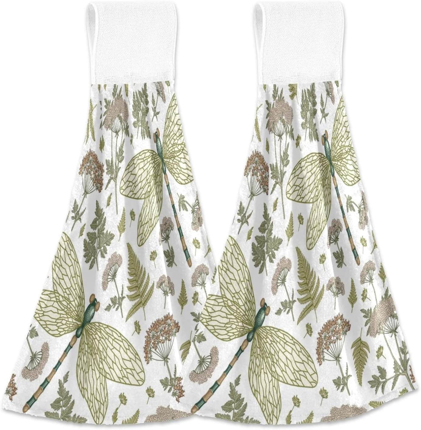 SKYSONIC 2 PCS Dragonfly Hemlock Tree Fern Fly Hanging Kitchen Towels ...
