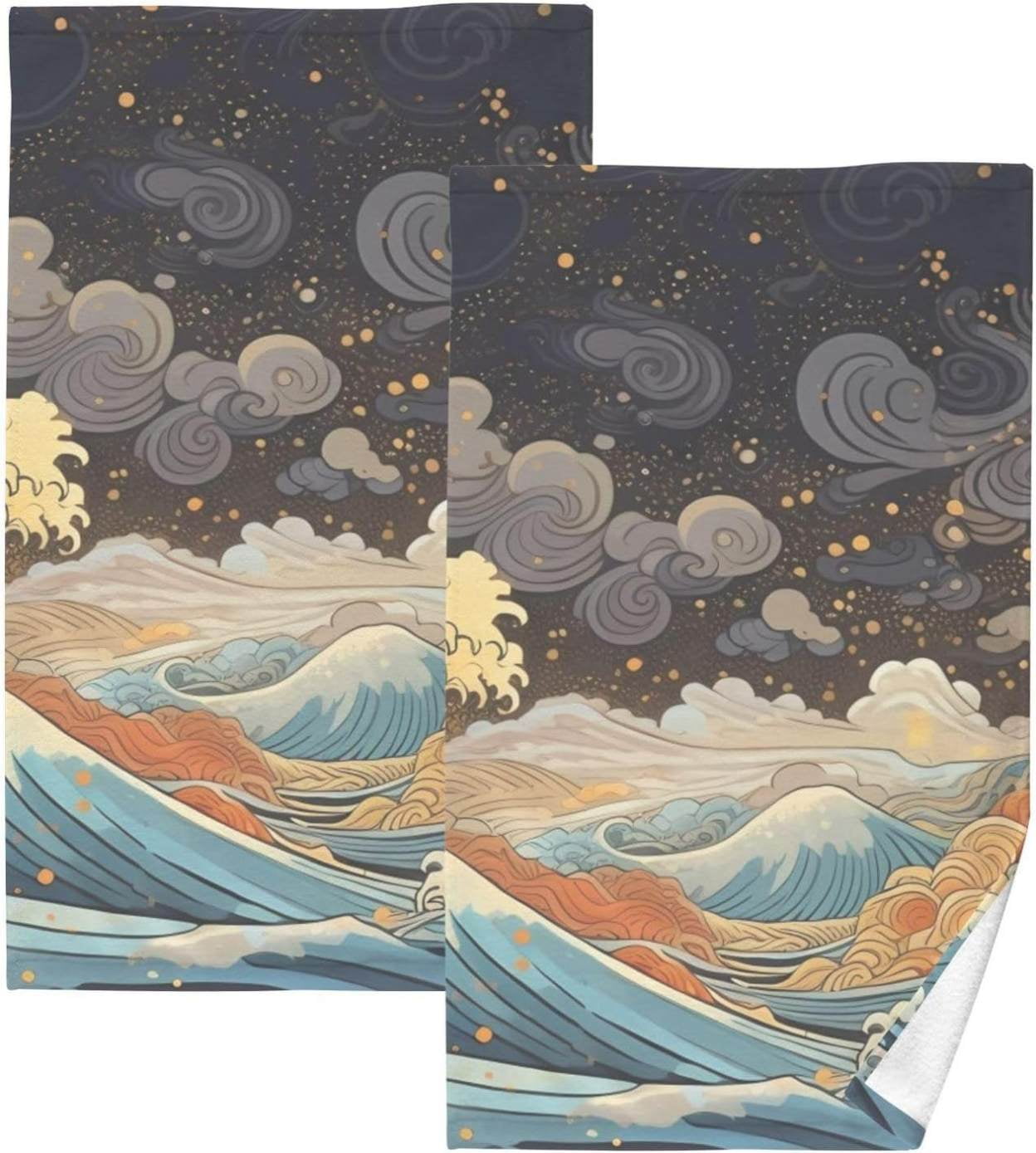 SKYSONIC 2 PCS Great Wave Japanese Style Bath Towels Set 16"x28 ...