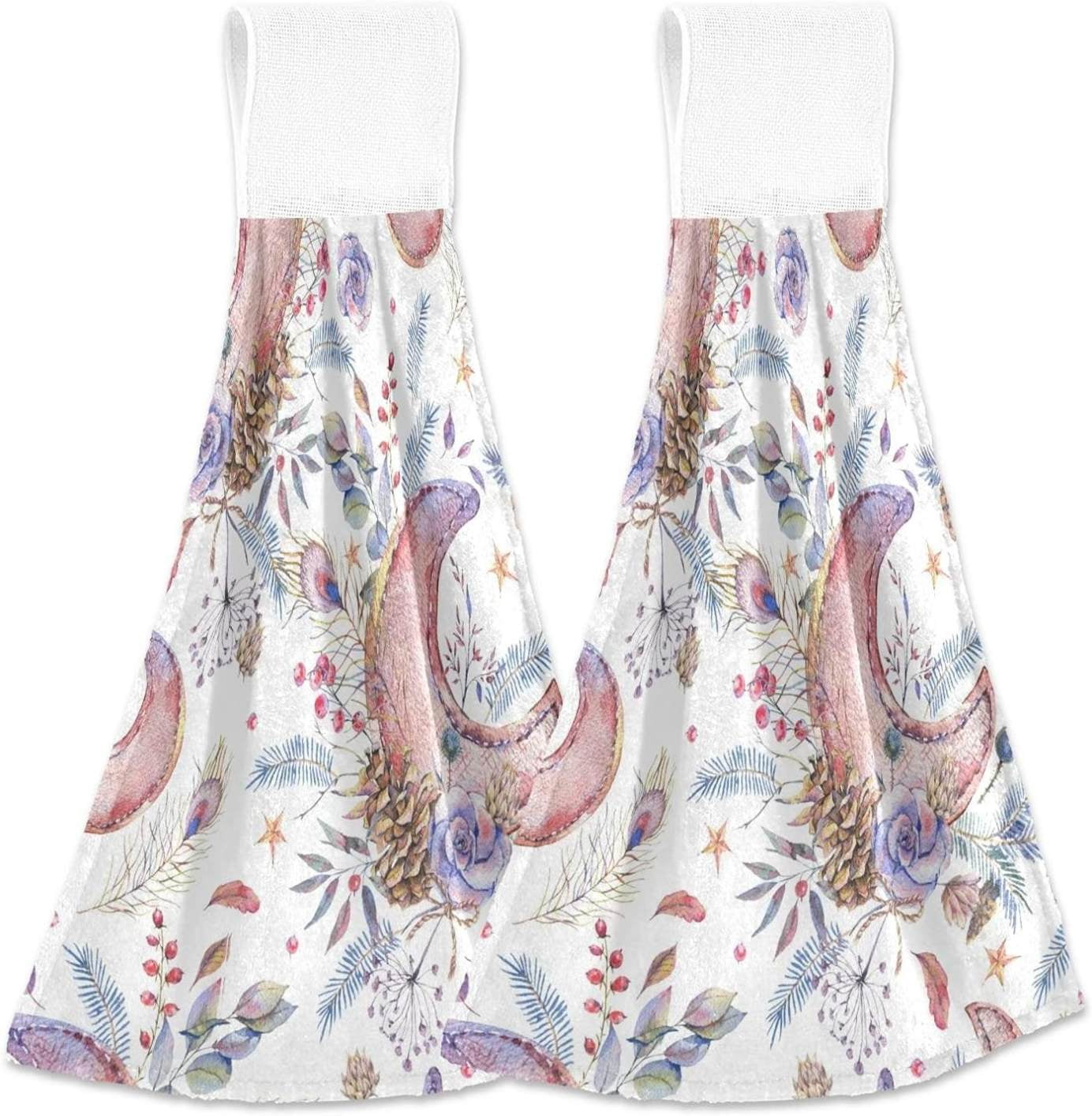 SKYSONIC 2 PCS Kitchen Towels with Hanging Loop, Moon Roses Cones ...