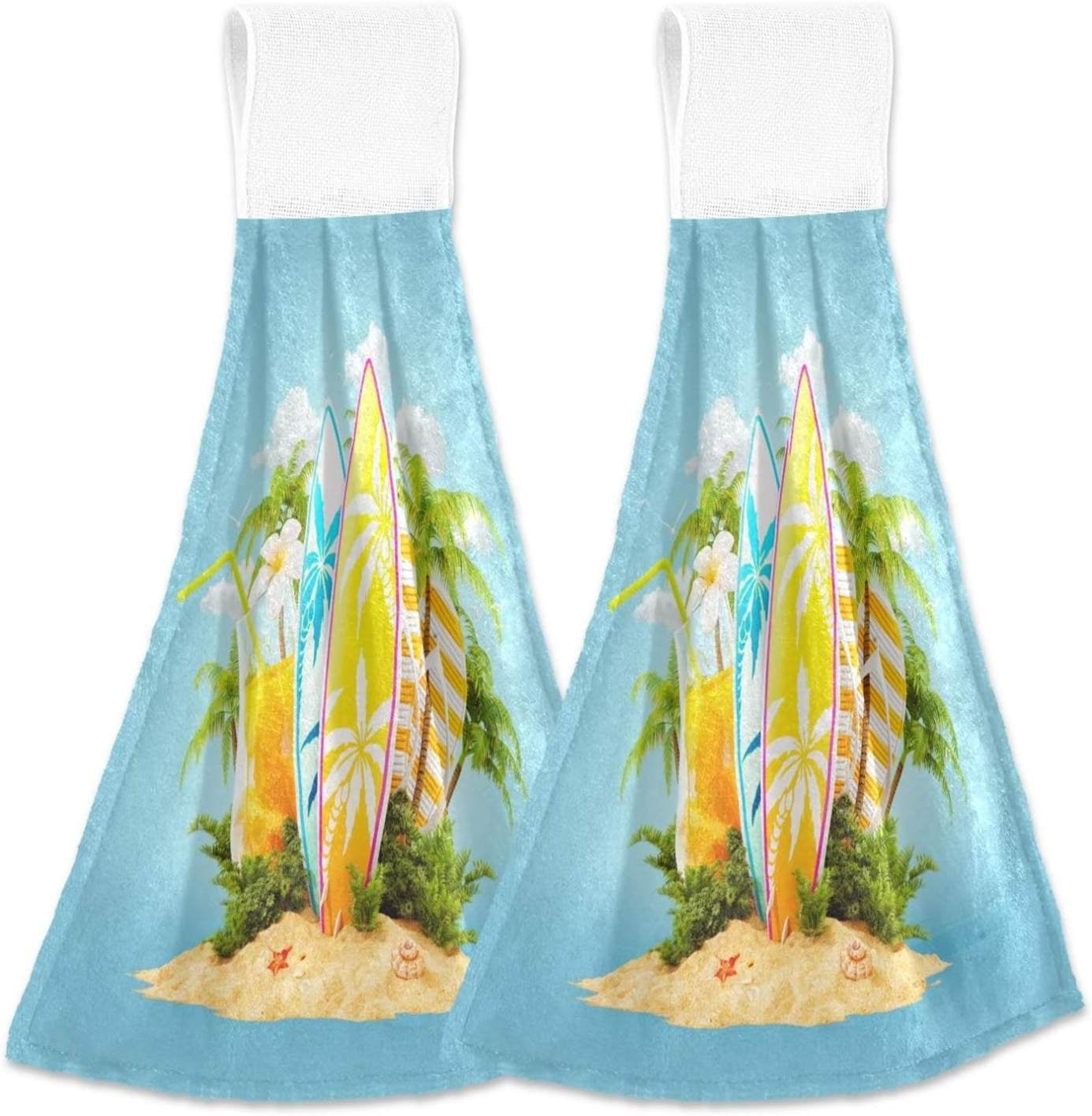 SKYSONIC 2 PCS Kitchen Towels with Hanging Loop, Surfboard Palm ...