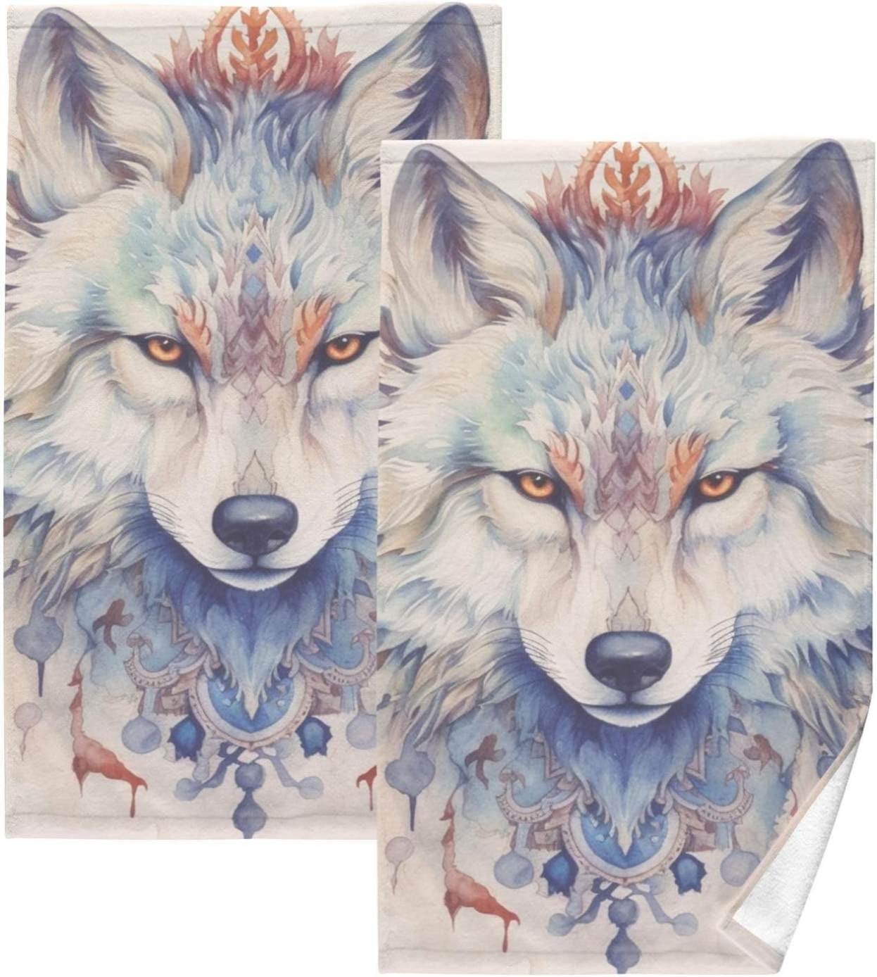 SKYSONIC 2 PCS White Wolf Portrait Bath Towels Set 16"x28", Cotton Face ...