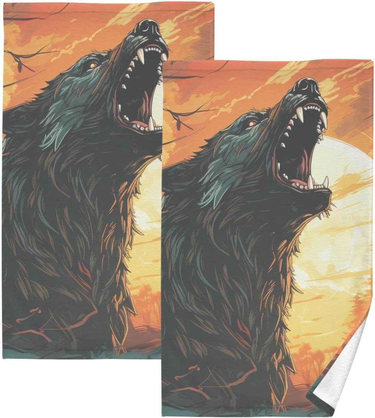 SKYSONIC 2 PCS Wolf Sunset Bath Towels Set 16"x28", Cotton Face Towel ...