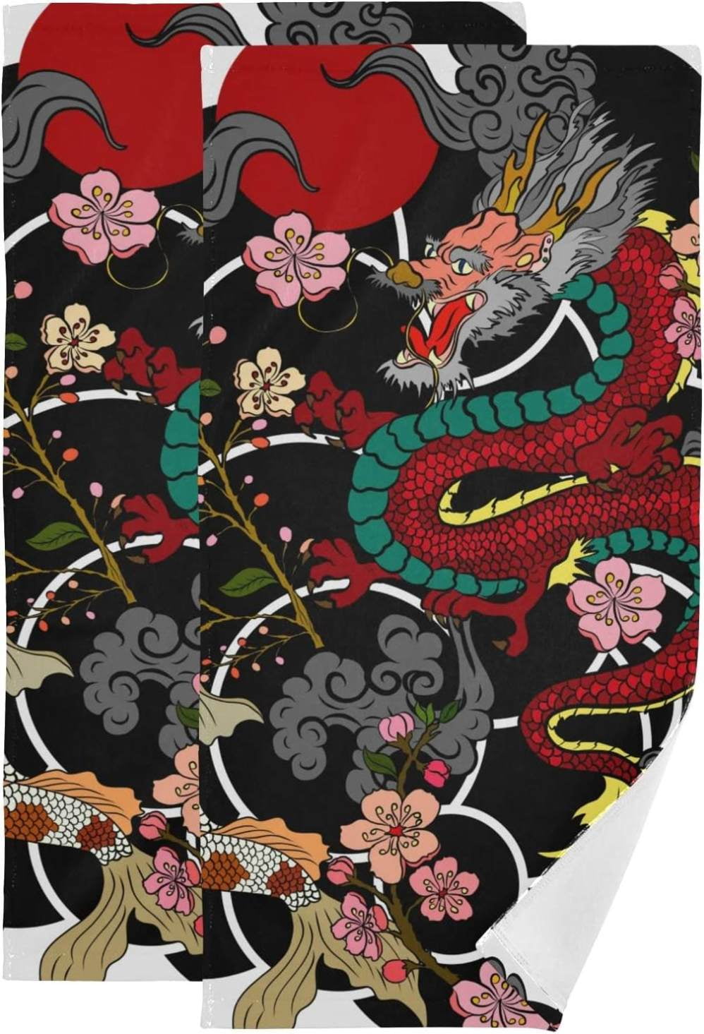 SKYSONIC 2 Pack Chinese Dragon Flower Blossom Hand Towels, 28.3"x14.4 ...