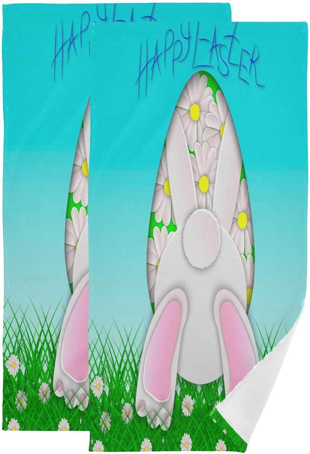 SKYSONIC 2 Pack Happy Easter Meadow Hand Towels, Cute Bunny Bottom Kitchen Towel Ultra Soft and ...
