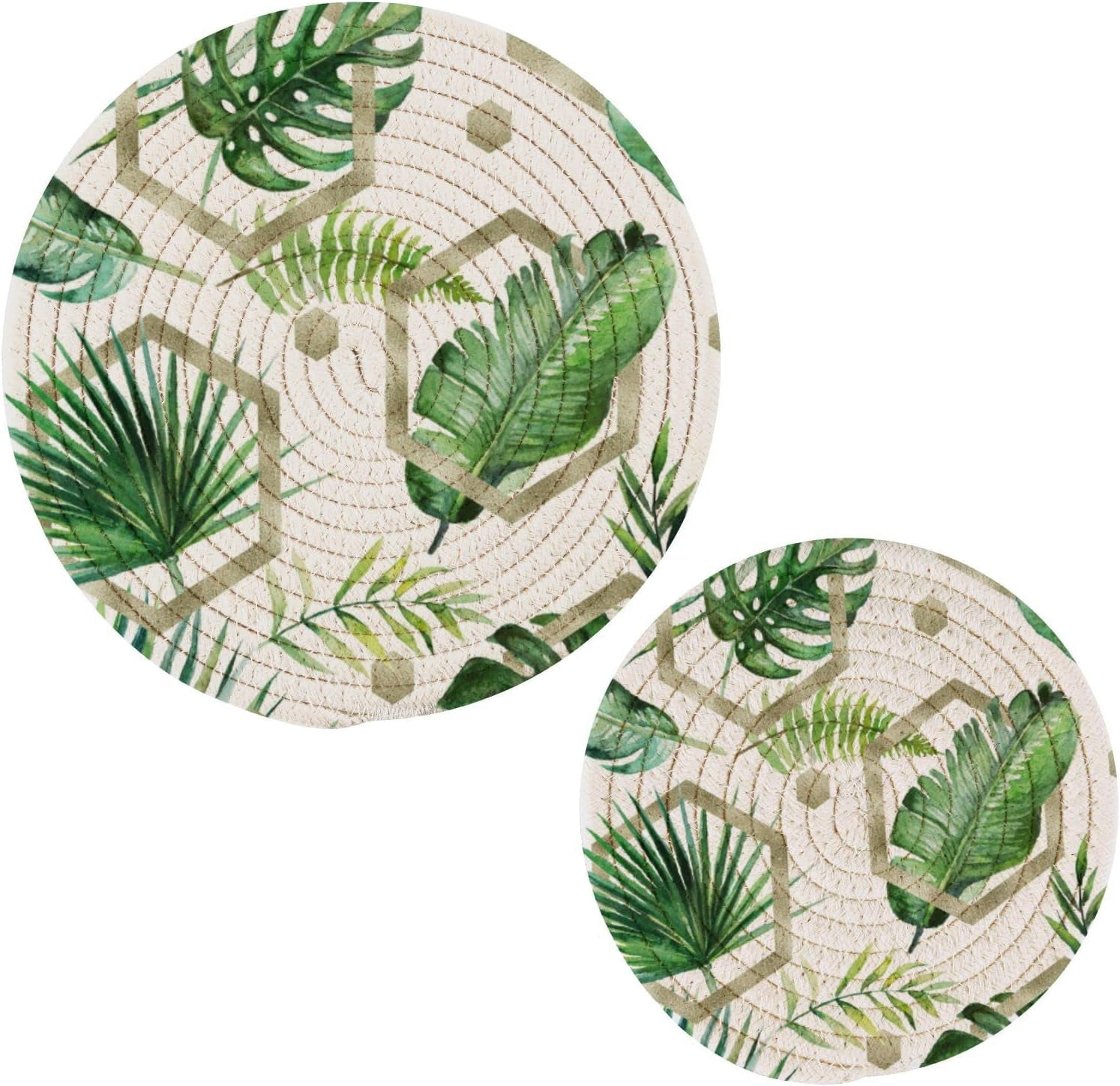 SKYSONIC 2 Pack Palm Fern Leaves Trivet Mat Green Tropical Gold ...