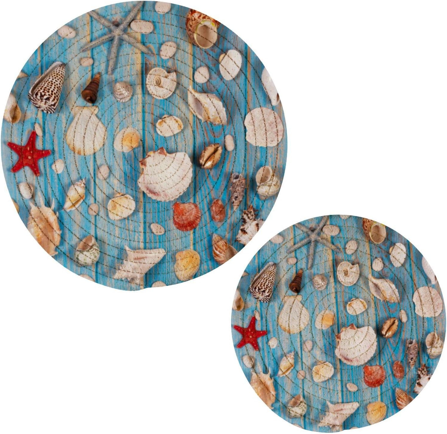 SKYSONIC 2 Pack Seashells Red Starfishes Blue Wood Texture Trivet Mat ...