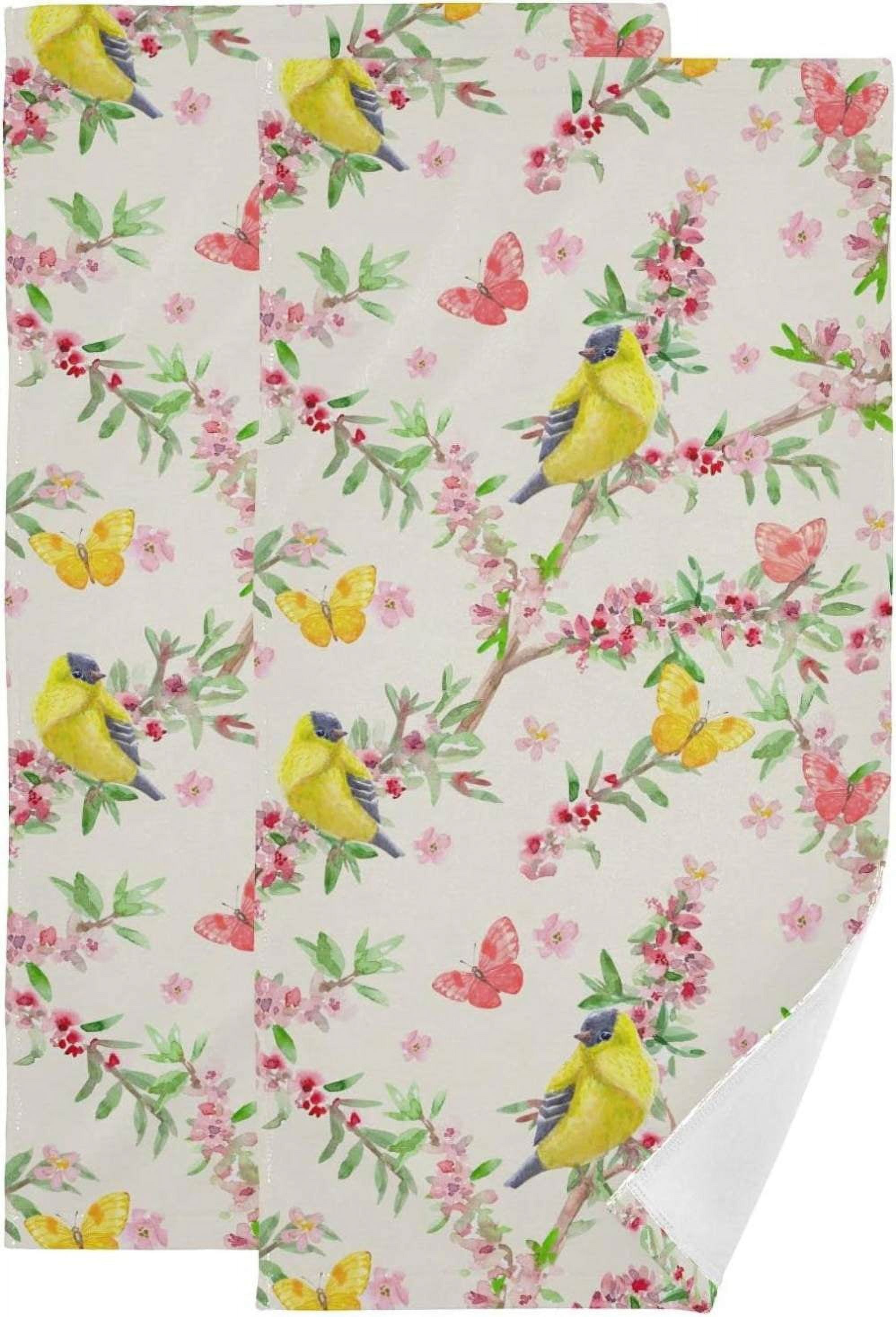 SKYSONIC 2 Pack Spring Yellow Birds Flower Hand Towels, Pink Floral ...
