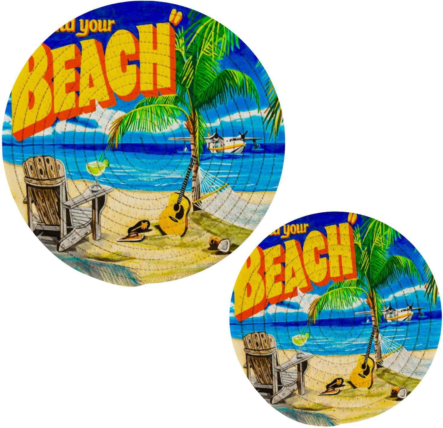 SKYSONIC 2 Pack Tropical Beach Palm Leaves Trivet Mat Summer Sea Sand ...