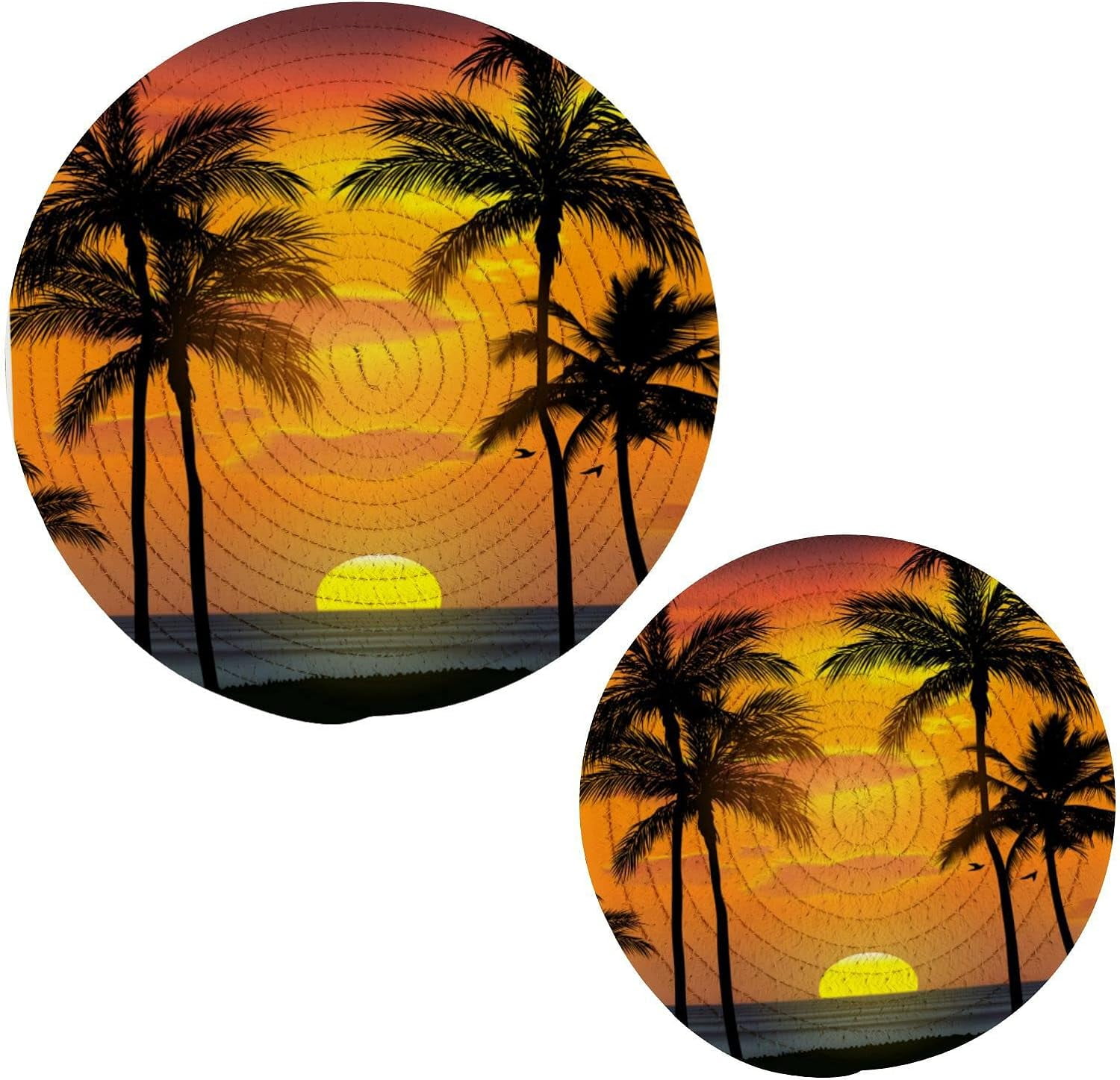 SKYSONIC 2 Pack Tropical Beach Palm Leaves Trivet Mat Summer Sea Sunset ...