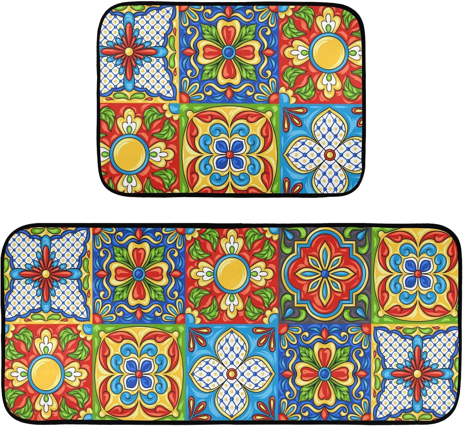 SKYSONIC 2 Pieces Mexican Talavera Ethnic Folk Kitchen Rugs and Mats ...