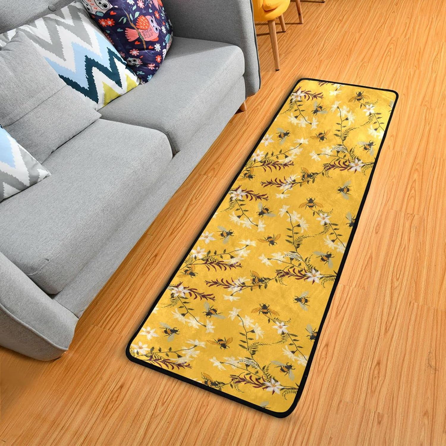 SKYSONIC 2'X6' Bee Butterfly Flower Runner Rug with Rubber Backing ...