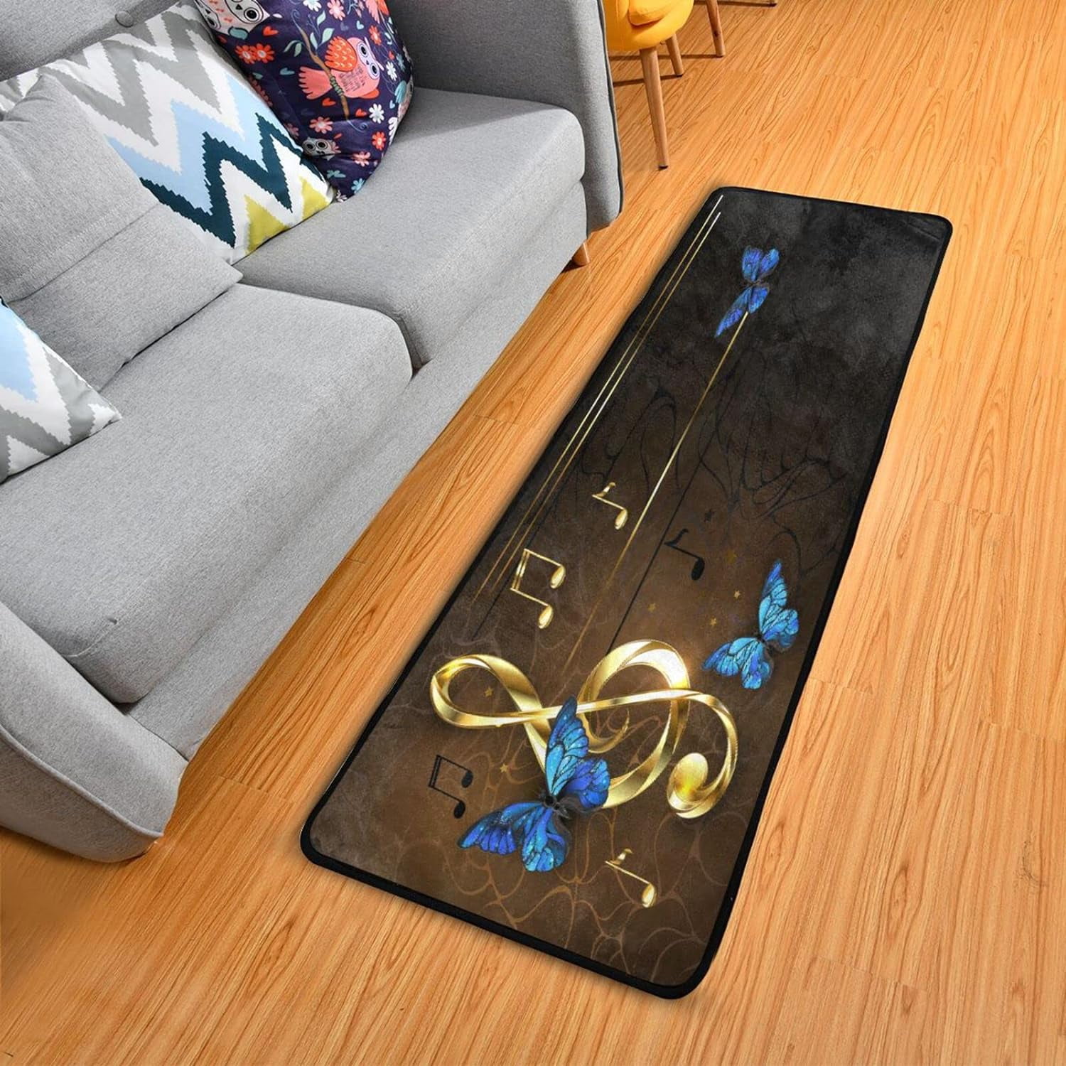 SKYSONIC 2'X6' Blue Butterflies Runner Rug with Rubber Backing, Gold ...