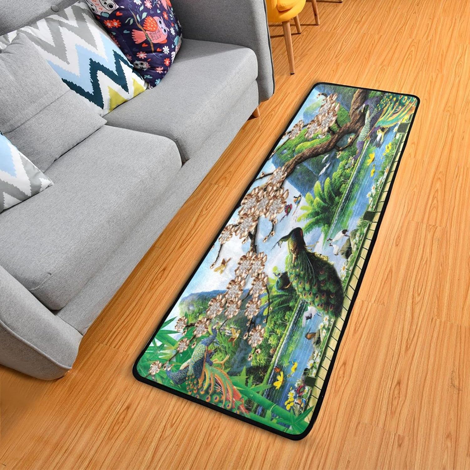 SKYSONIC 2'X6' Elegant Peacock Runner Rug with Rubber Backing, Flowers ...