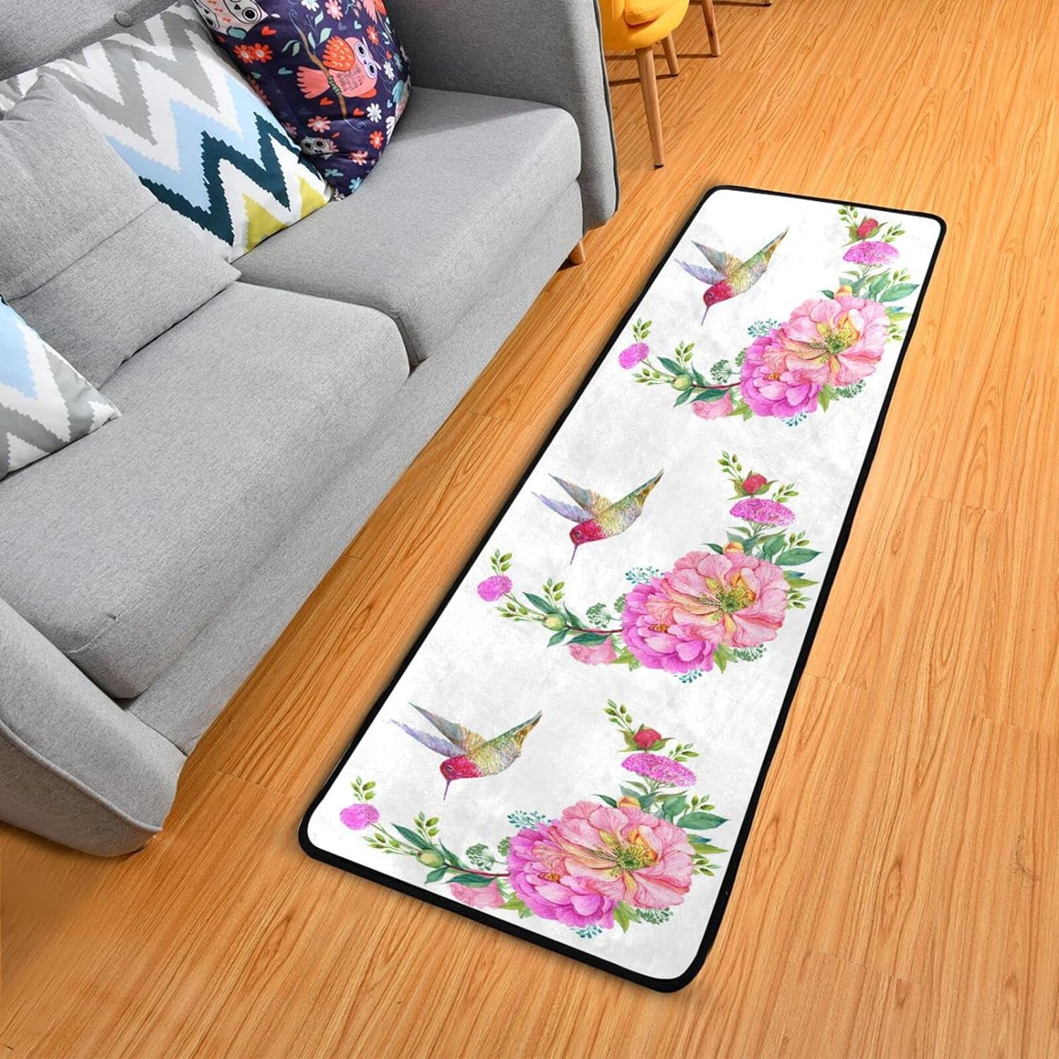 SKYSONIC 2'X6' Hummingbirds Pink Flowers Runner Rug with Rubber Backing ...