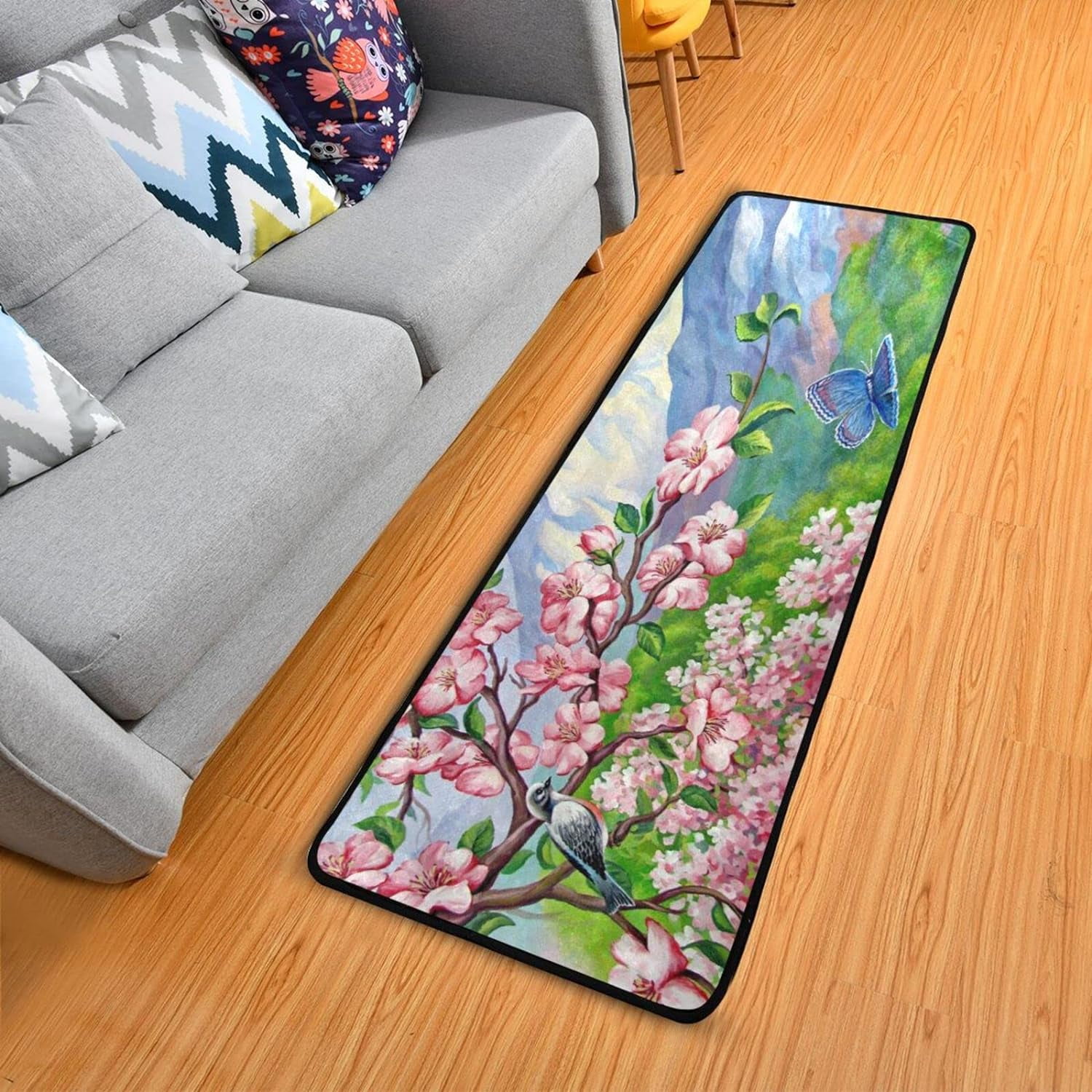 SKYSONIC 2'X6' Spring Cherry Blossom Mountain Runner Rug with Rubber ...