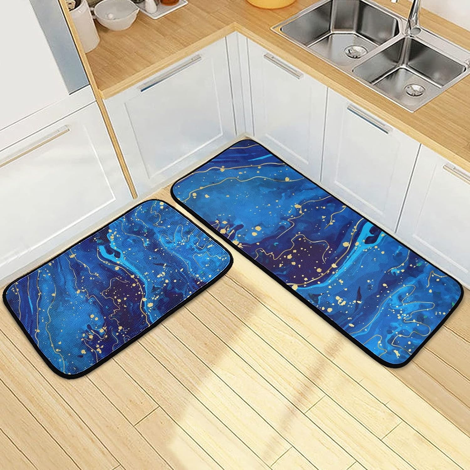 SKYSONIC 2PCS Blue Marble Texture Kitchen Rug and Mat Gold Abstract ...