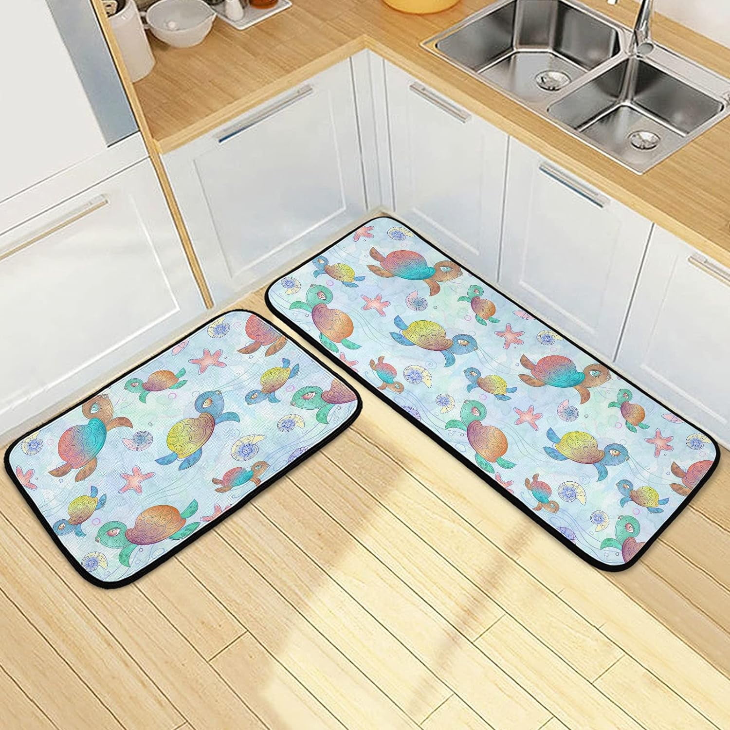 SKYSONIC 2PCS Colorful Sea Turtle Kitchen Rug and Mat Cute Seashell ...