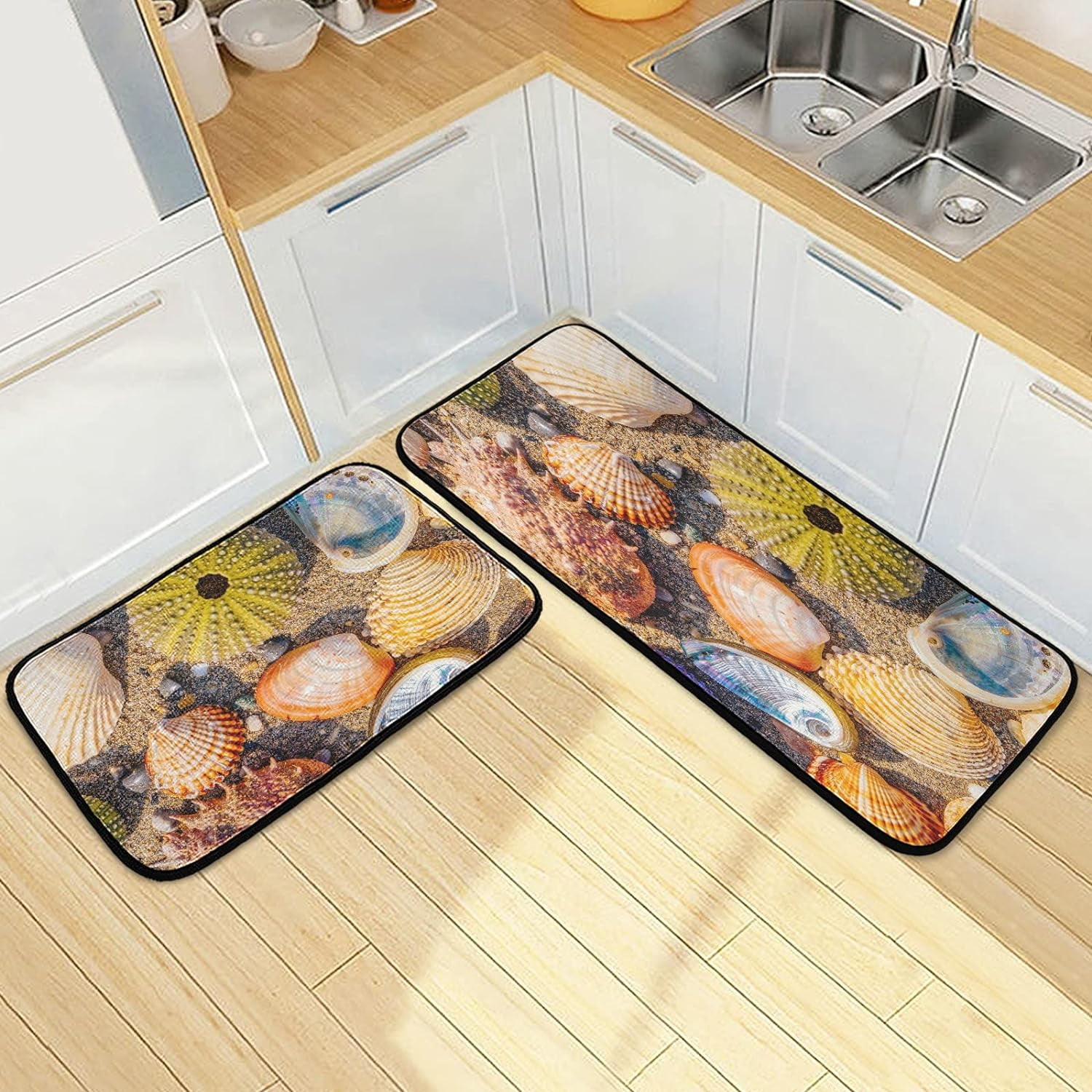 SKYSONIC 2PCS Colorful Sea Urchins Shells Kitchen Rug and Mat Summer ...