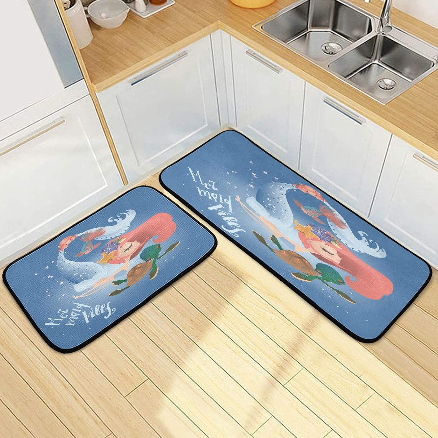 SKYSONIC 2PCS Cute Mermaid Foral Kitchen Rug and Mat Sea Turtle Fish ...