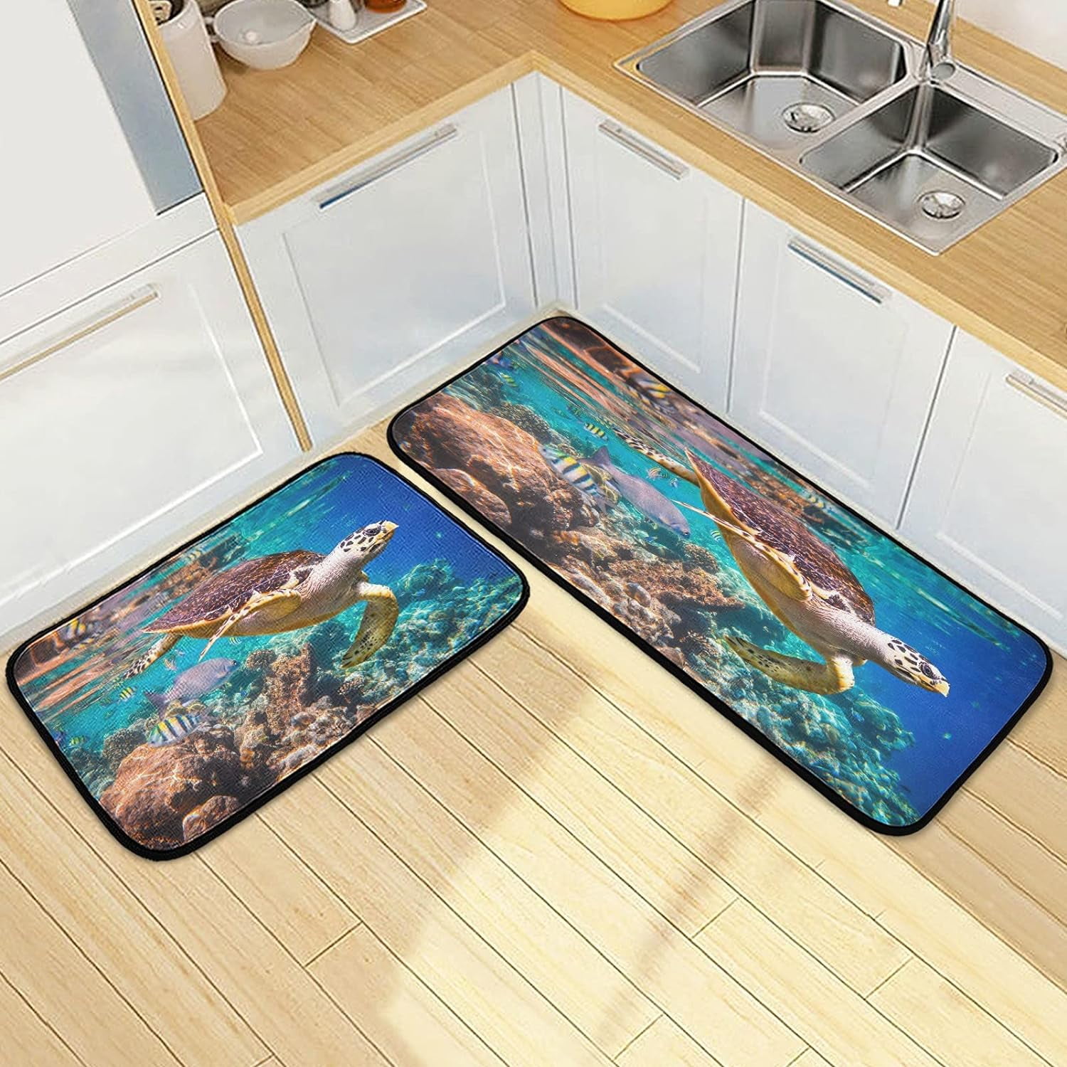 SKYSONIC 2PCS Ocean Hawksbill Turtle Kitchen Rug and Mat Tropical Fishs ...