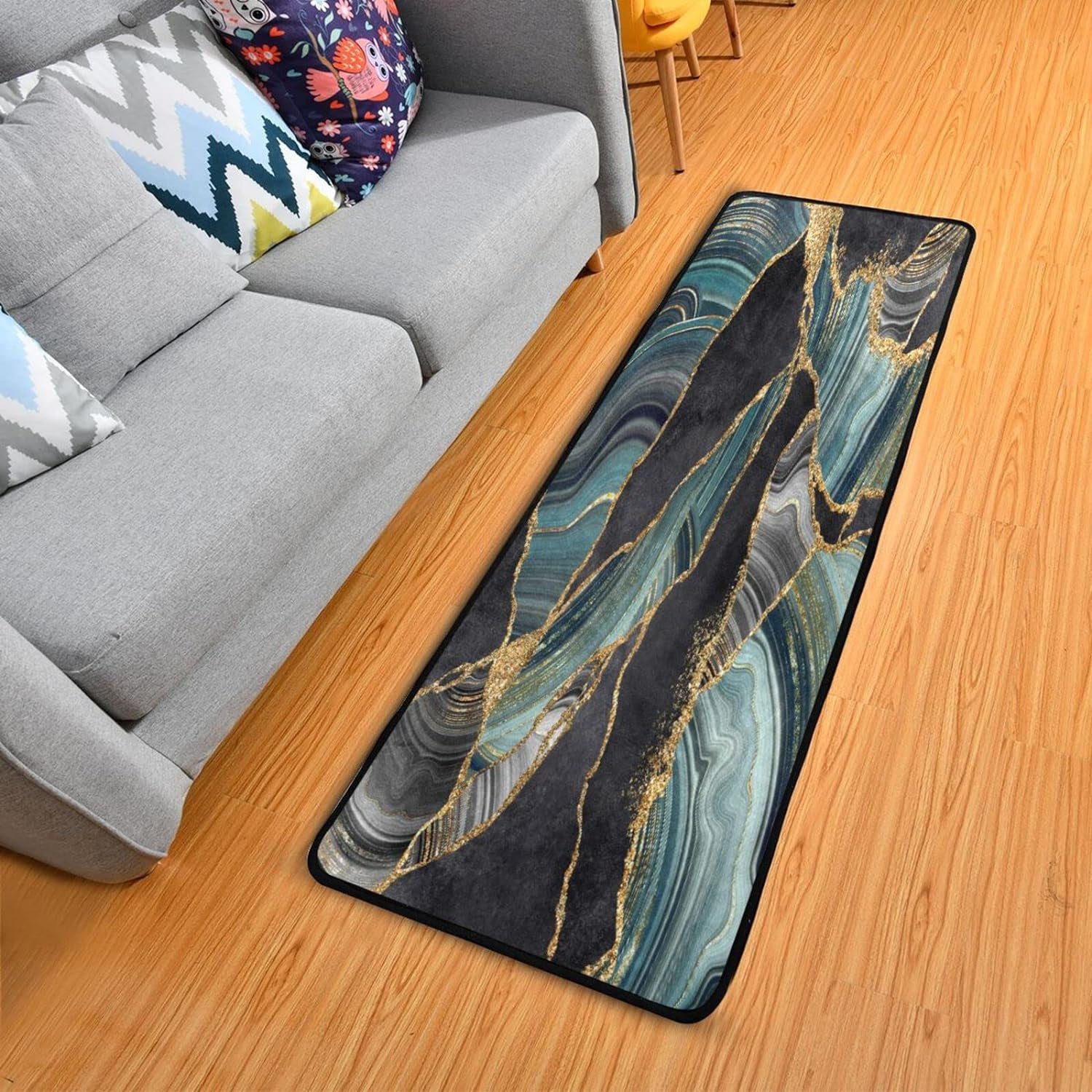 SKYSONIC 2X6 Feet Abstract Black Golden Marble Runner Rug with Rubber ...