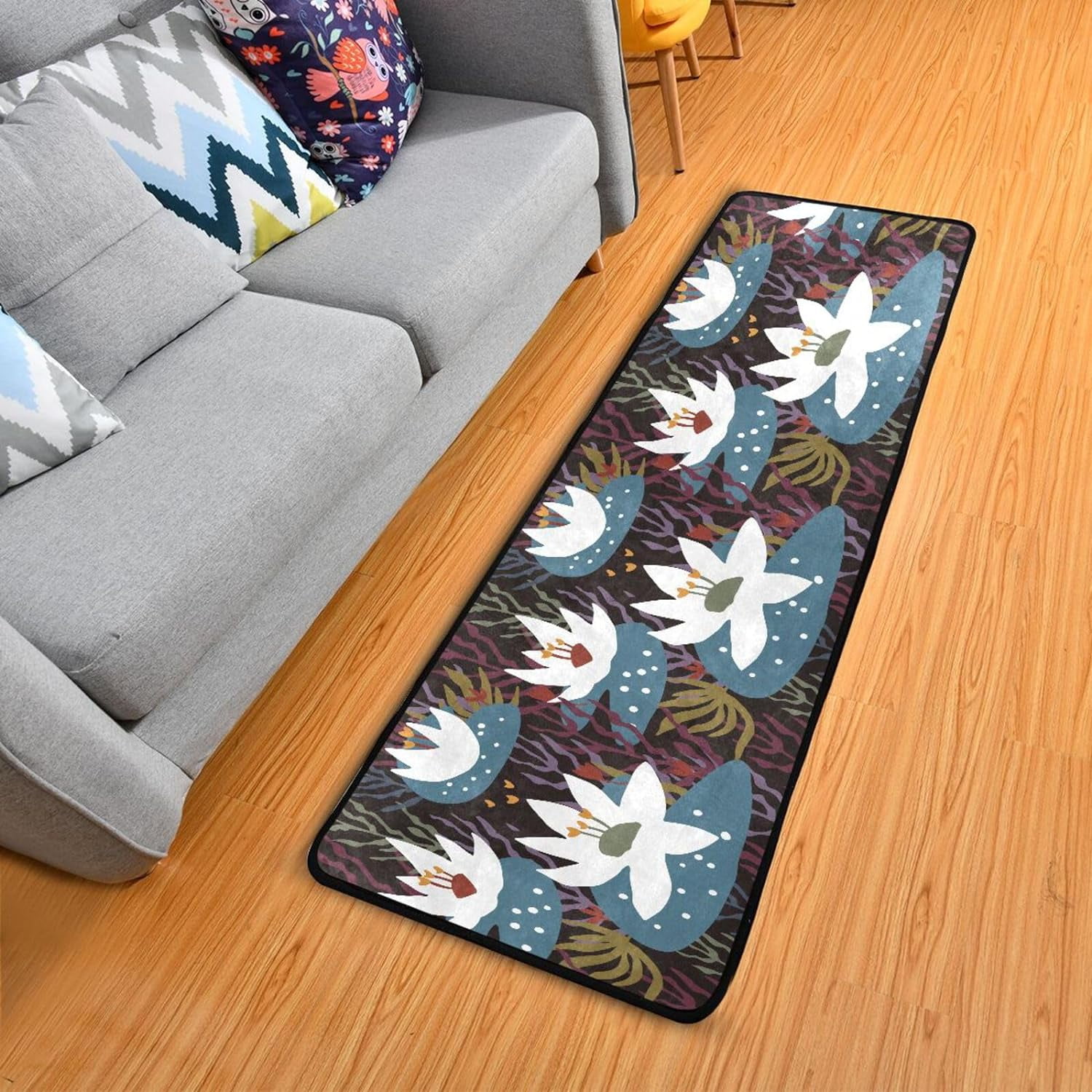 SKYSONIC 2X6 Feet Lotus Flower Runner Rug with Rubber Backing, Happy ...