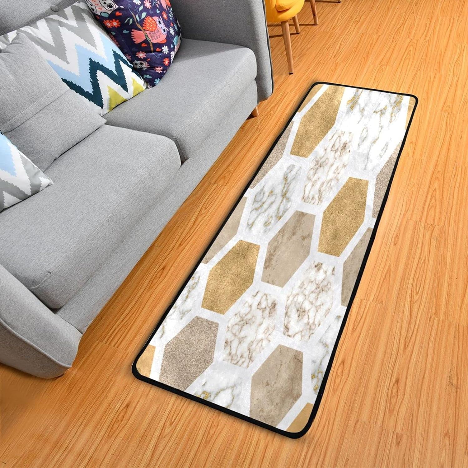 SKYSONIC 2X6 Feet Marble Shiny Gold Foil Runner Rug with Rubber Backing ...