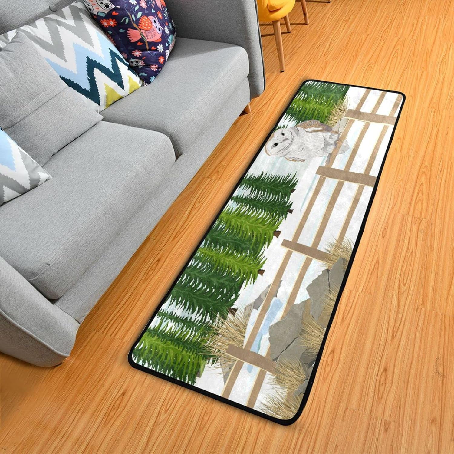 SKYSONIC 2X6 Feet Owl Fence Winter Spruce Runner Rug with Rubber ...