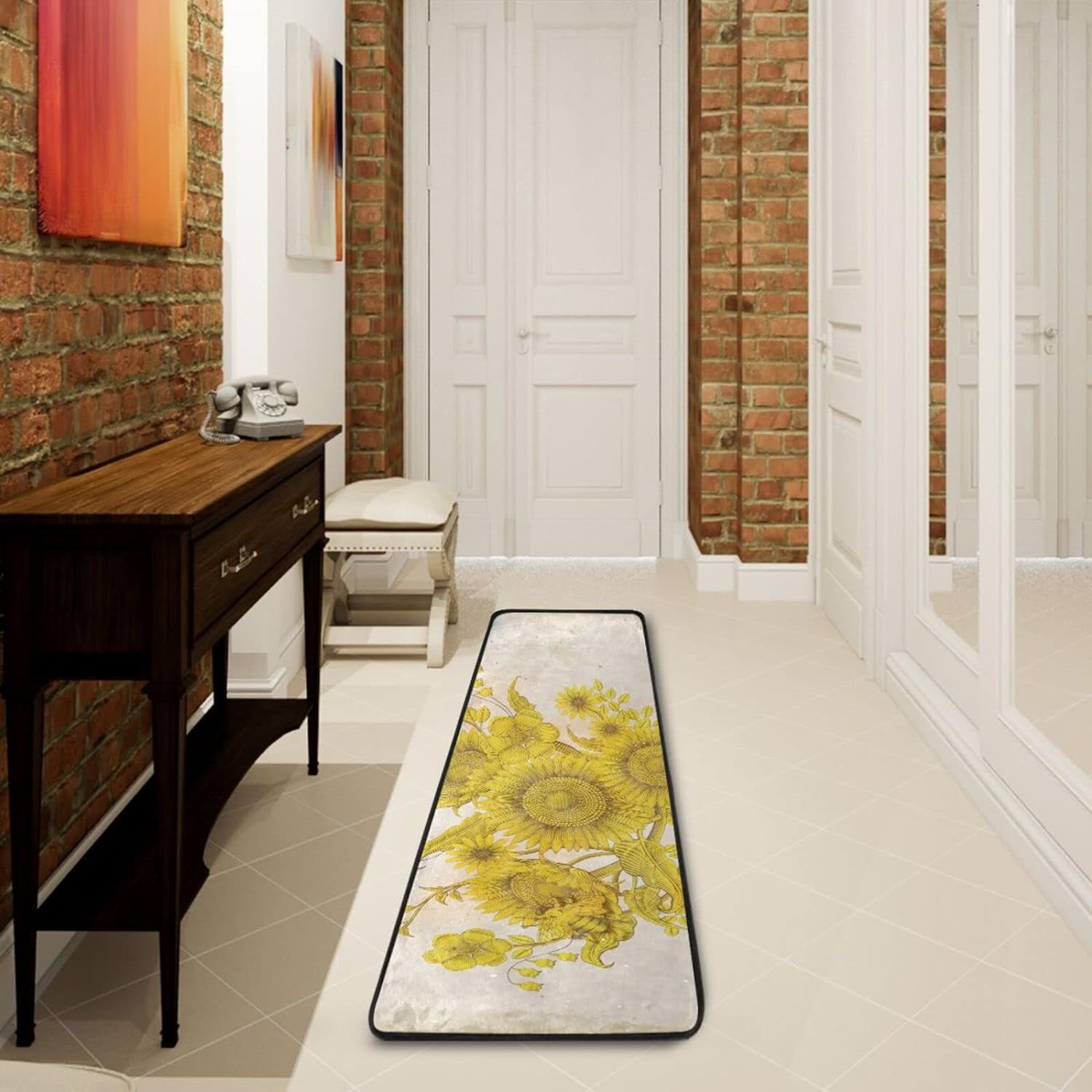 SKYSONIC 2X6 Feet Retro Sunflowers Bees Runner Rug with Rubber Backing ...