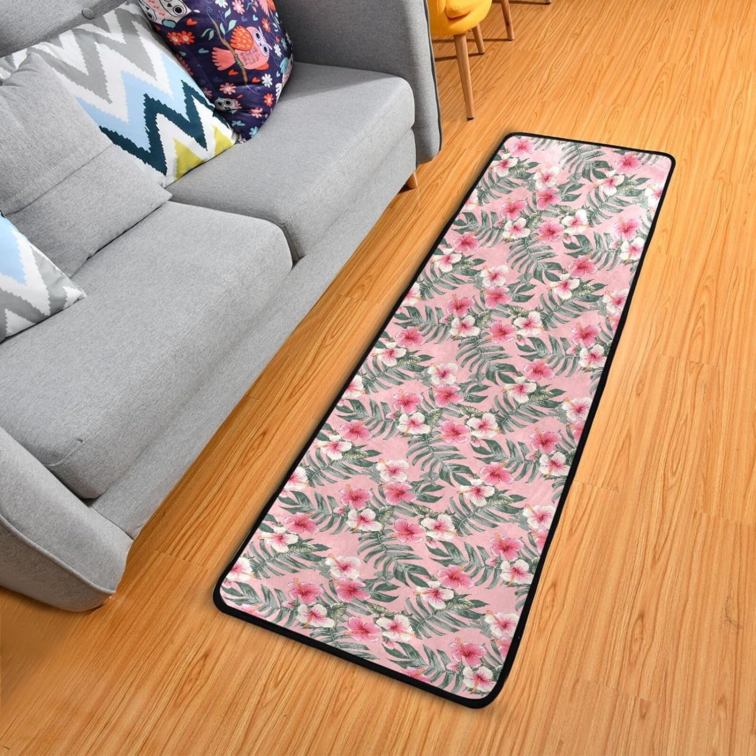 SKYSONIC 2X6 Feet Summer Pink Flowers Runner Rug with Rubber Backing ...
