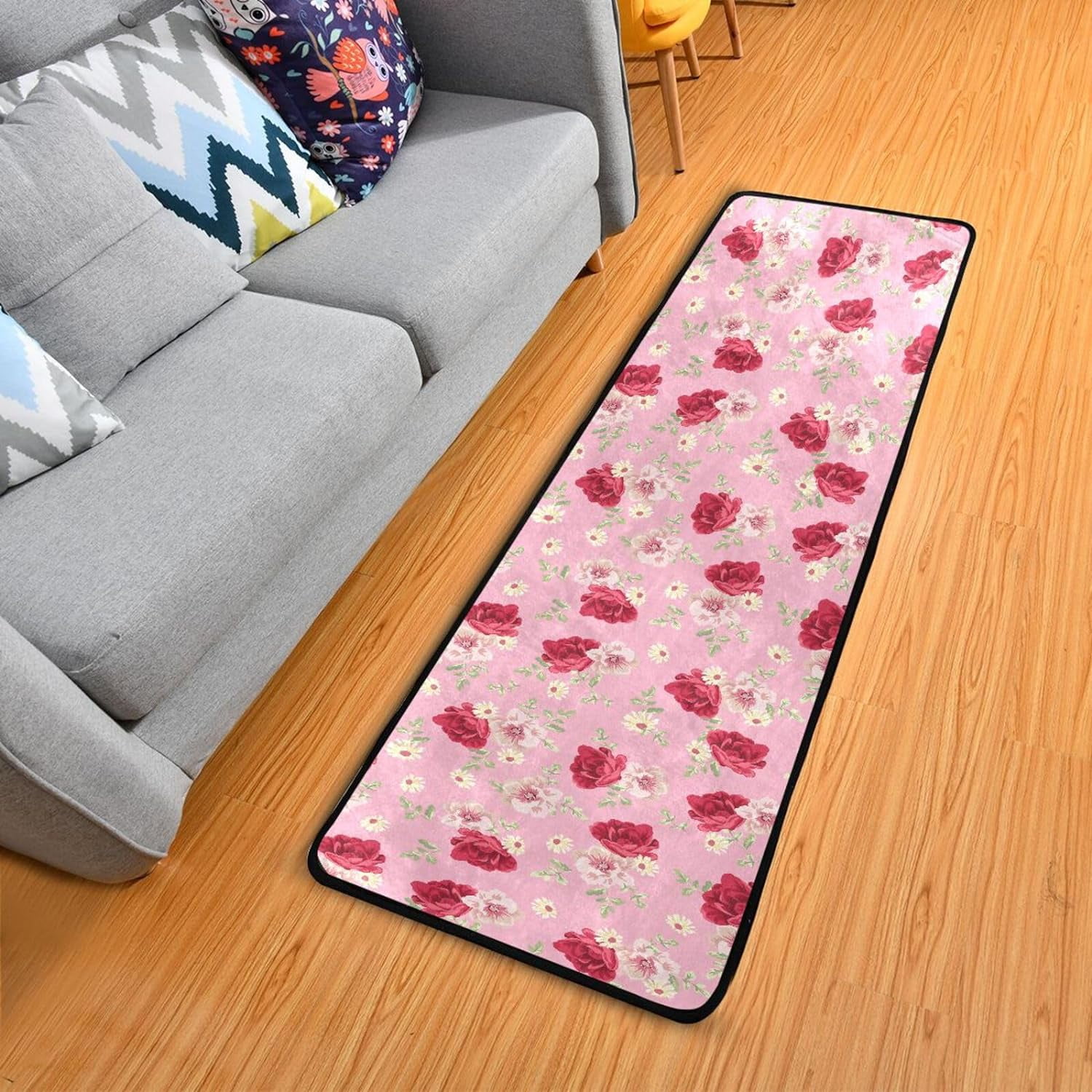 SKYSONIC 2X6 Feet Vintage Rose Flower Runner Rug with Rubber Backing ...
