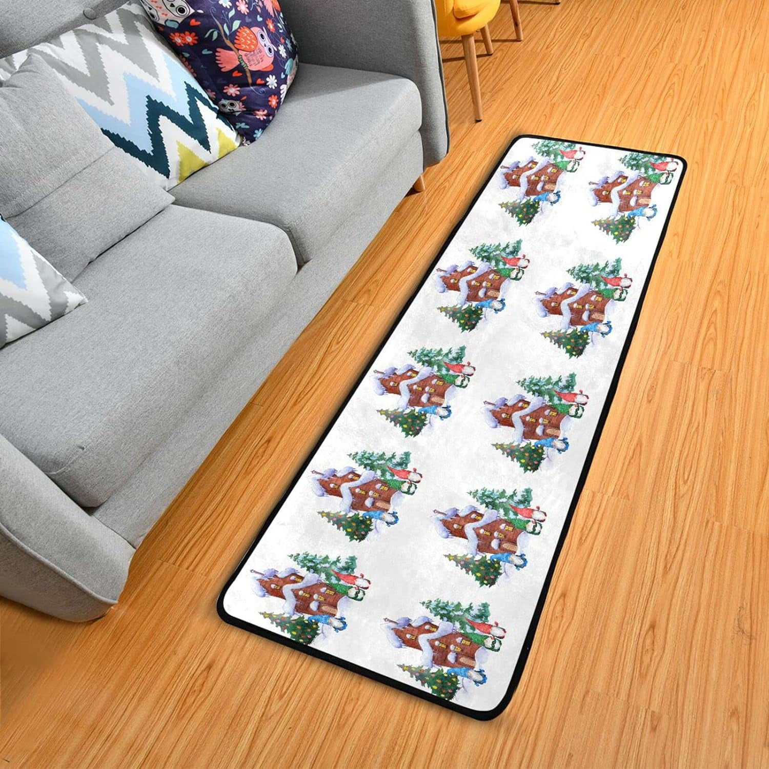 SKYSONIC 2X6 Feet Watercolor Christmas Gnomes Runner Rug with Rubber ...